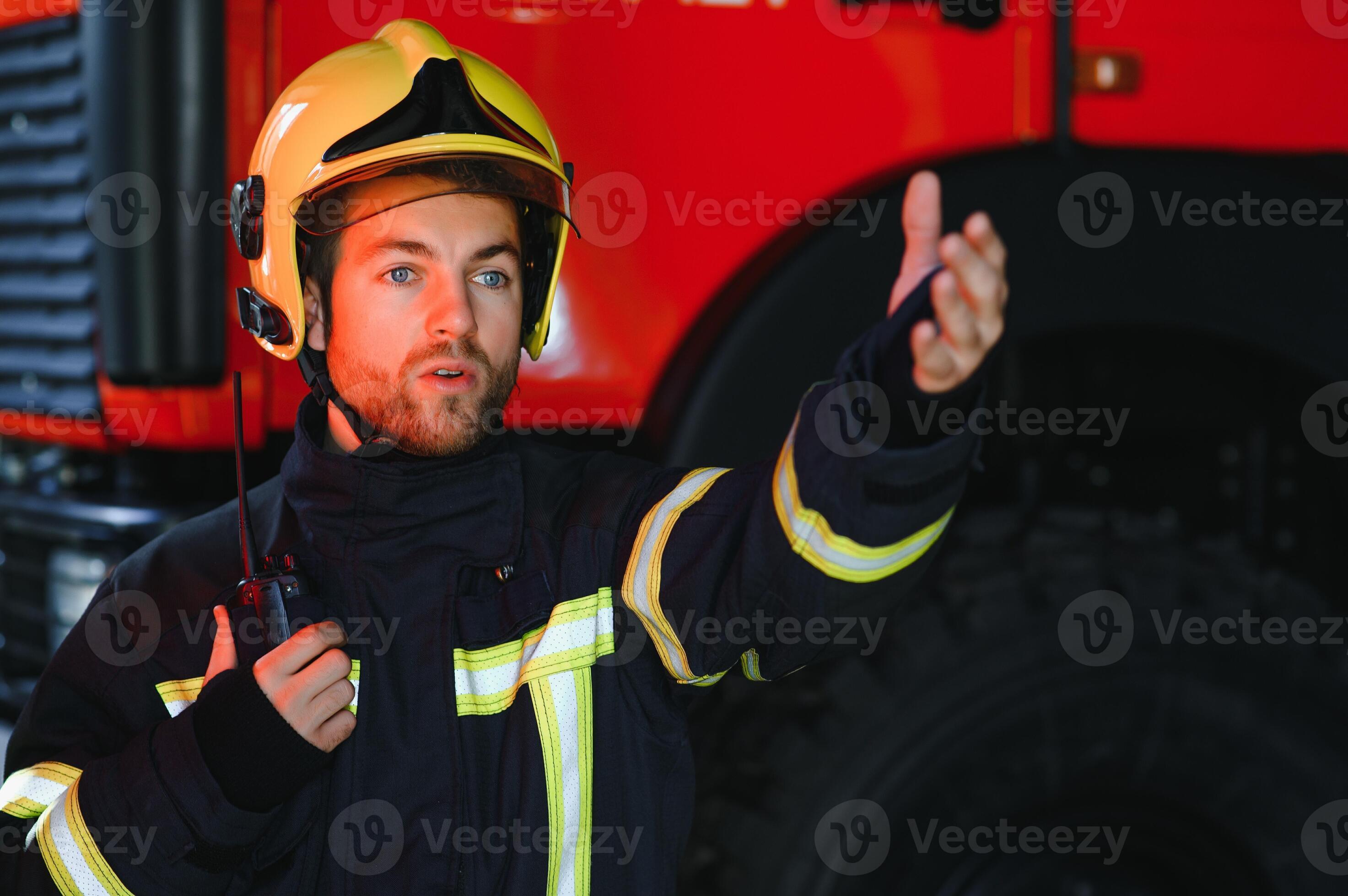 Firefighter portrait on duty. Photo fireman with gas mask and helmet ...