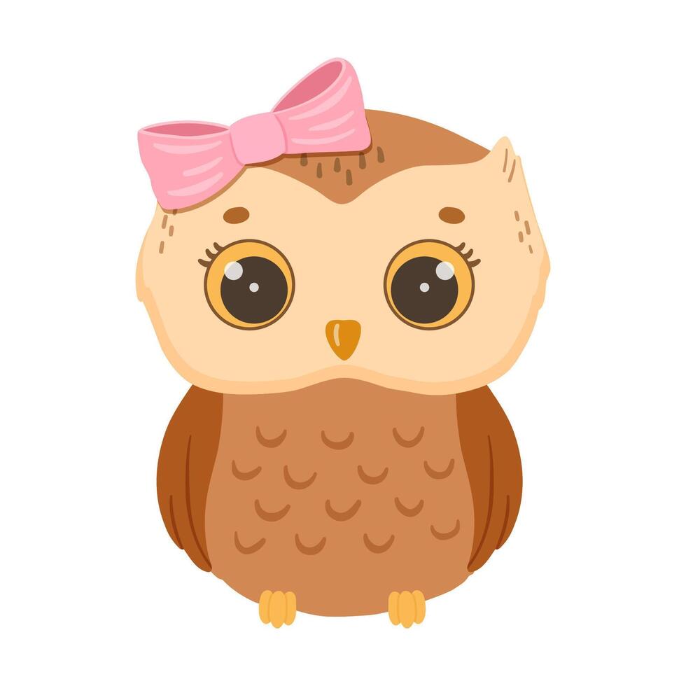 Vector cartoon cute baby girl owl with bow. Hand drawn character forest ...