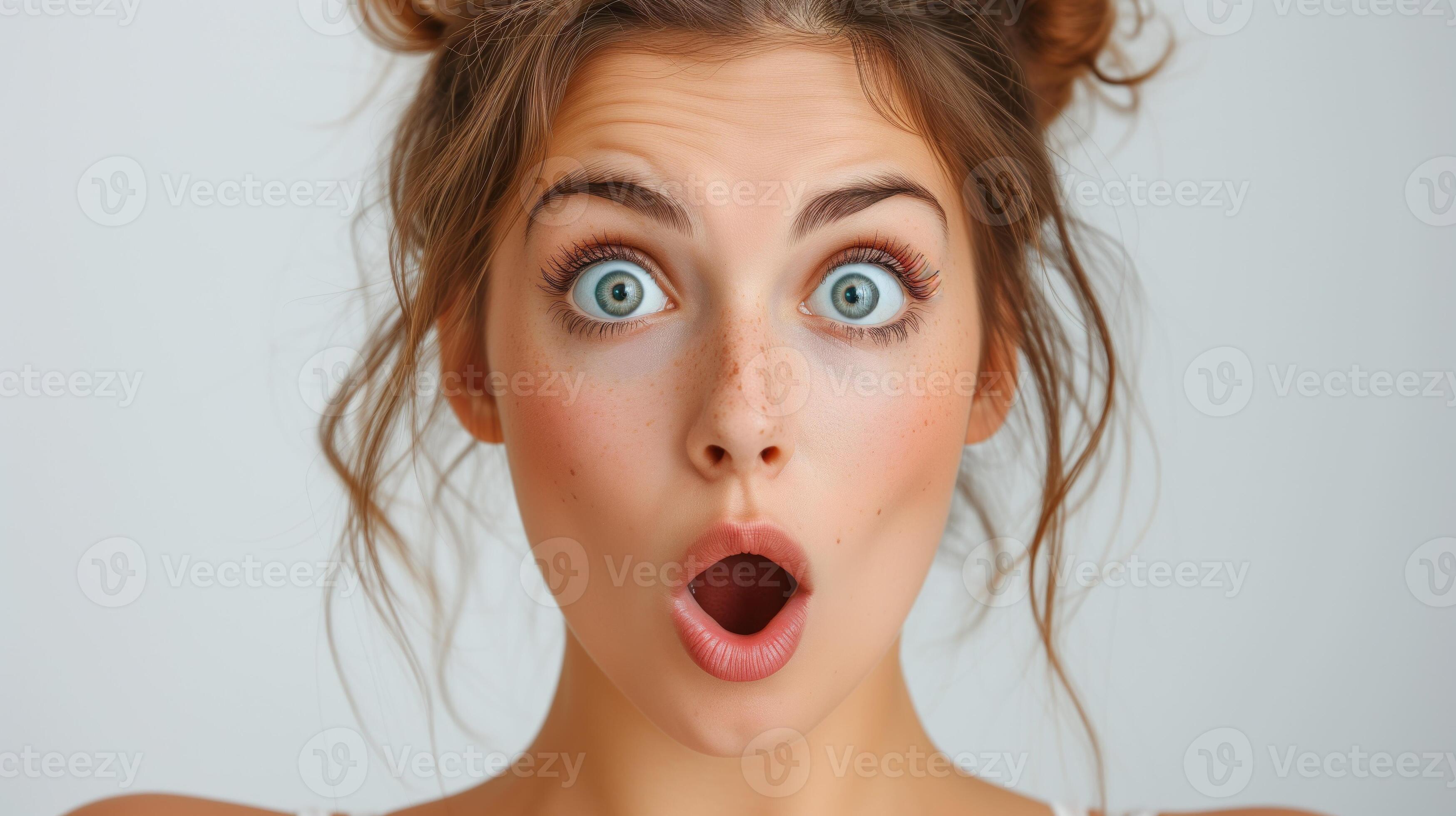 AI generated Portrait surprise face, Portrait of an amazed woman with an open mouth and round ...