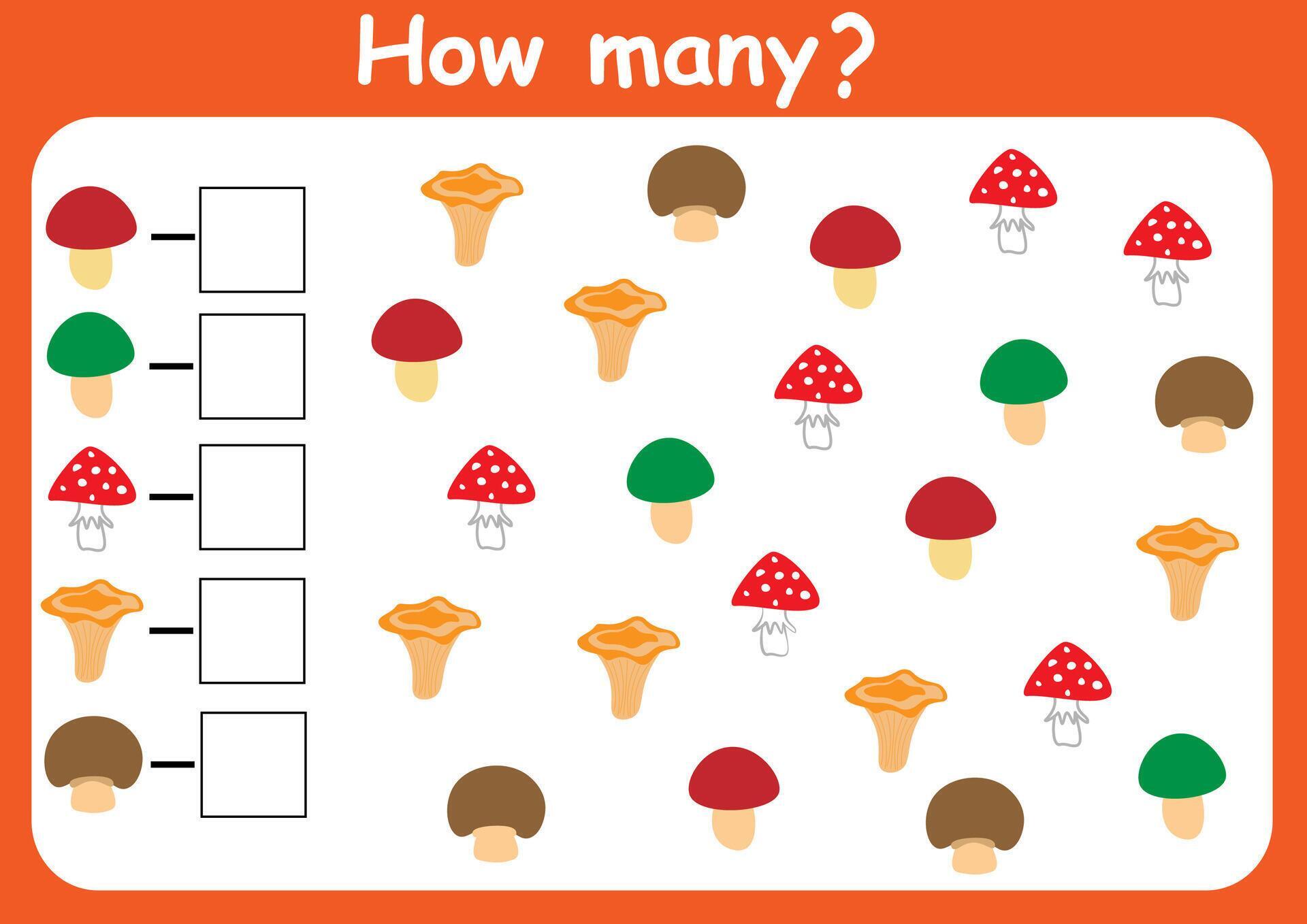 How many mushrooms are there. Counting game for children. Math ...