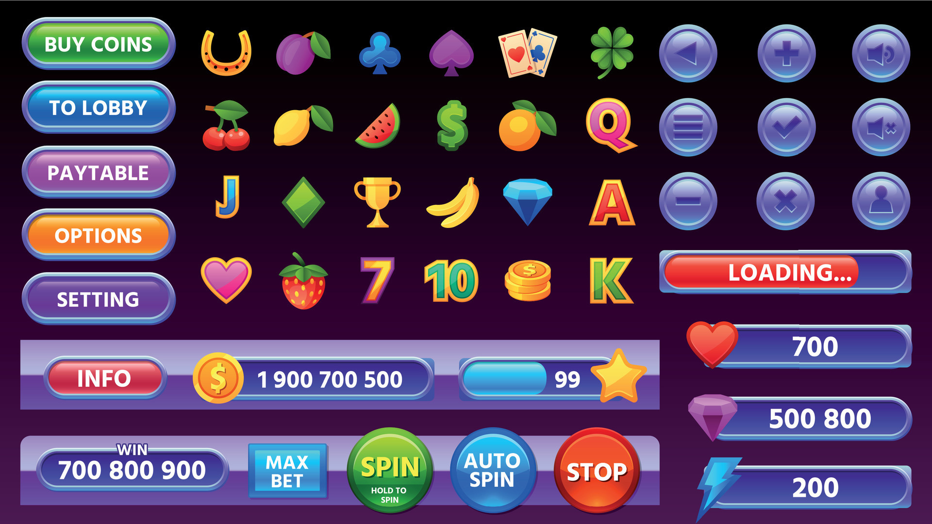 Casino game user interface menu, icons and buttons. Cartoon mobile ...