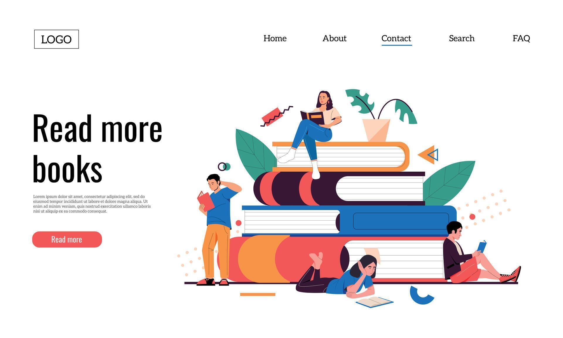 Persons with books landing. Web site template with cartoon young ...