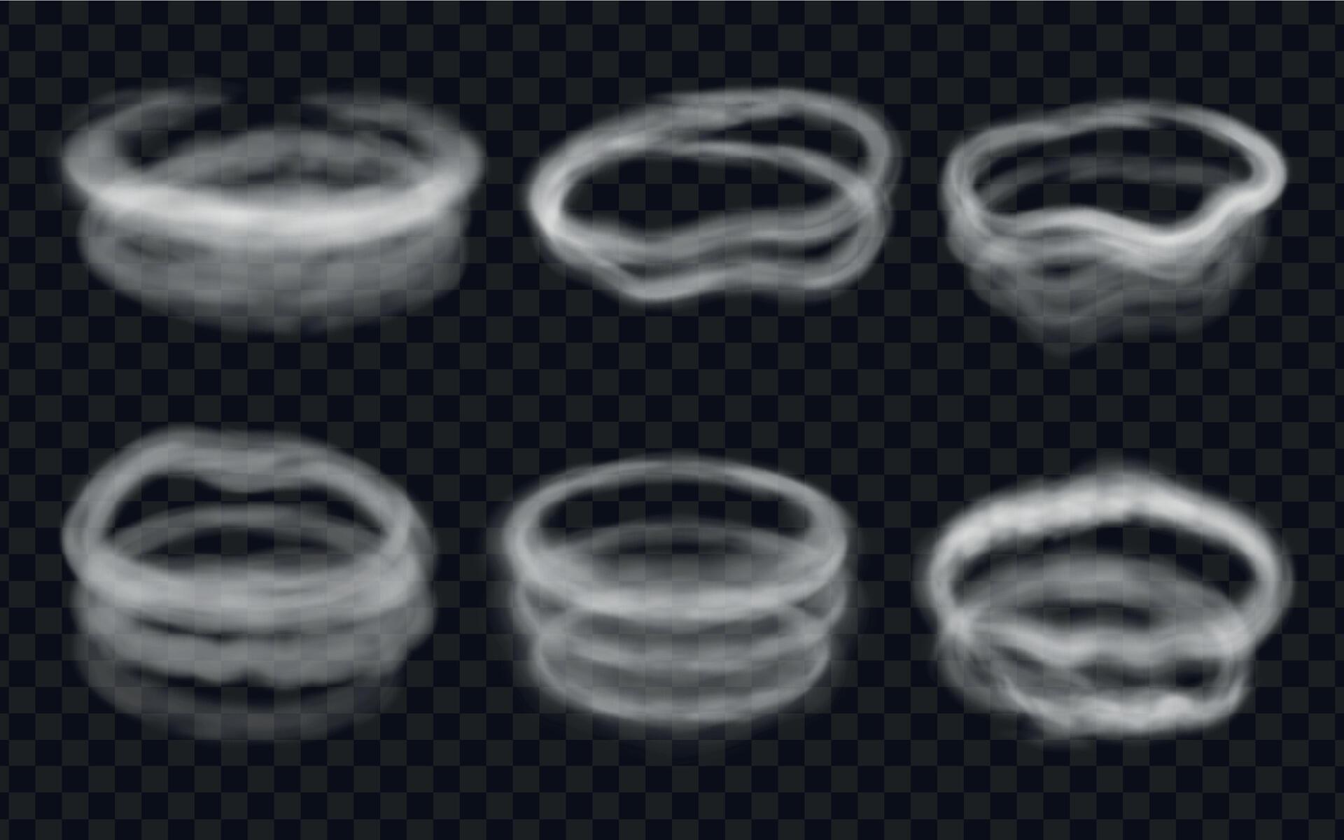 Realistic wind, steam or smoke circles, swirls and rings. Round shaped vapor, spiral fog clouds ...