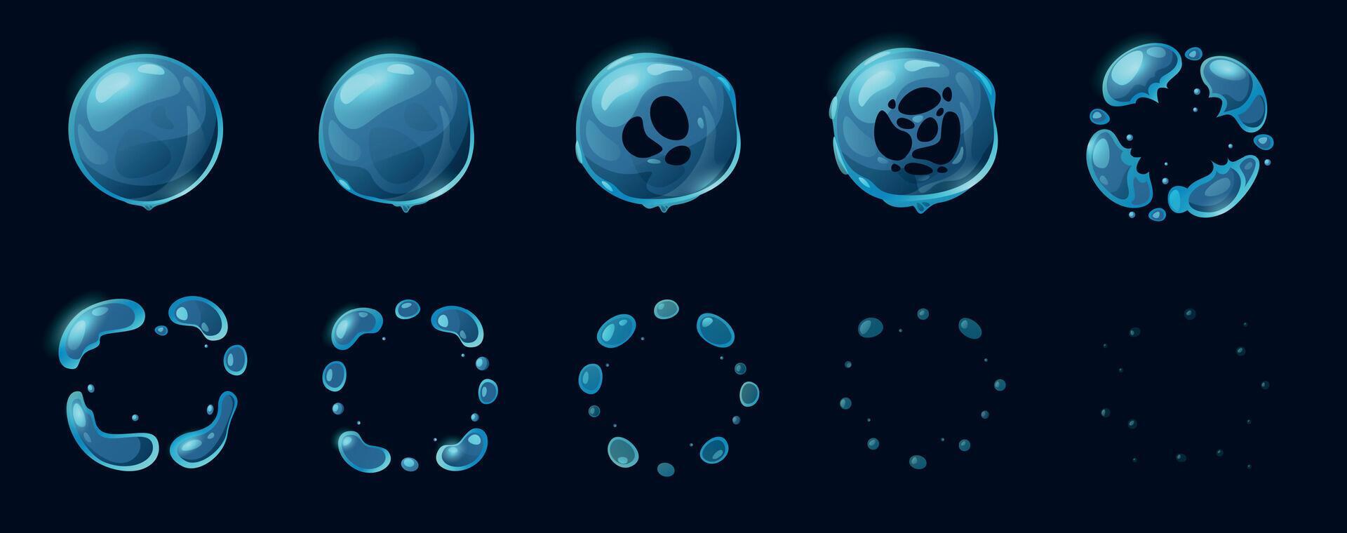 Soap bubble animation. Cartoon bubble blowing and popping, foam and ...