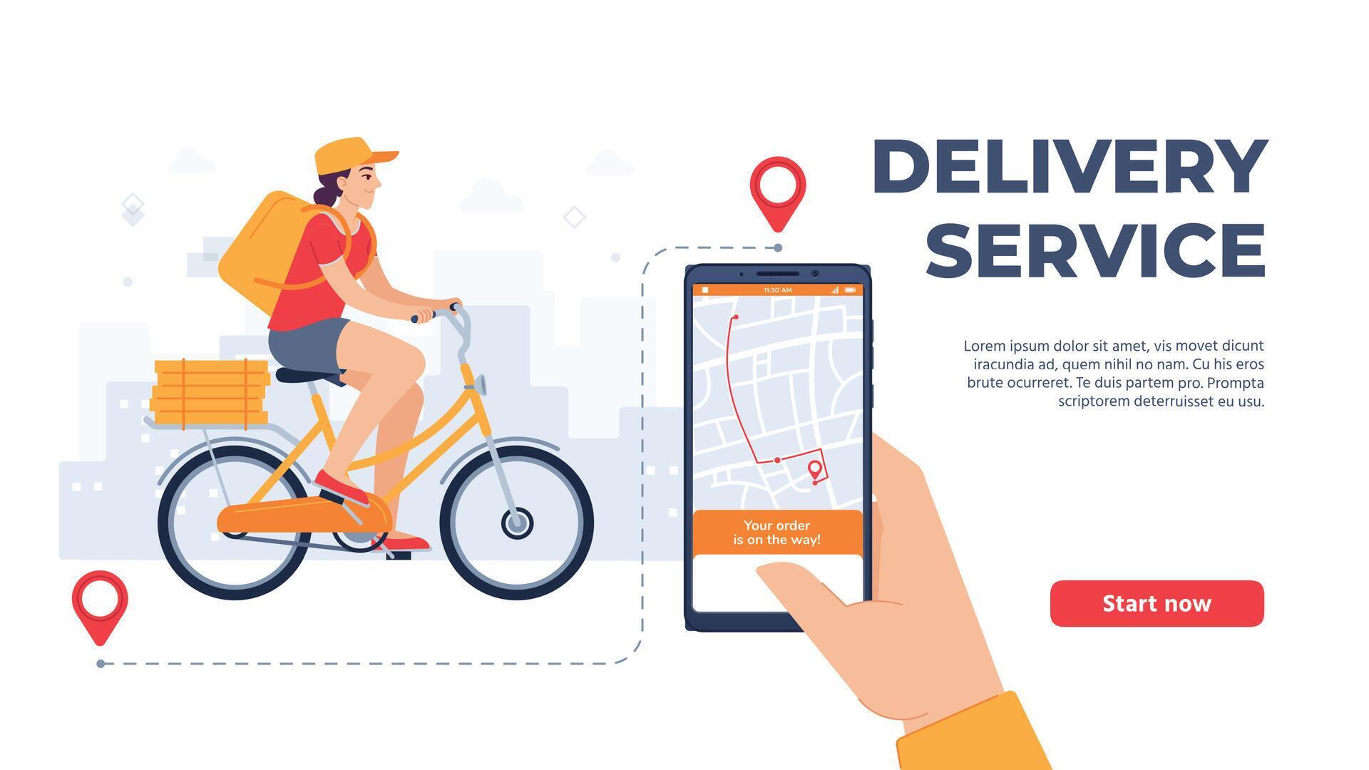 Delivery service application. Woman riding bicycle with food mobile app. Online service, courier ...