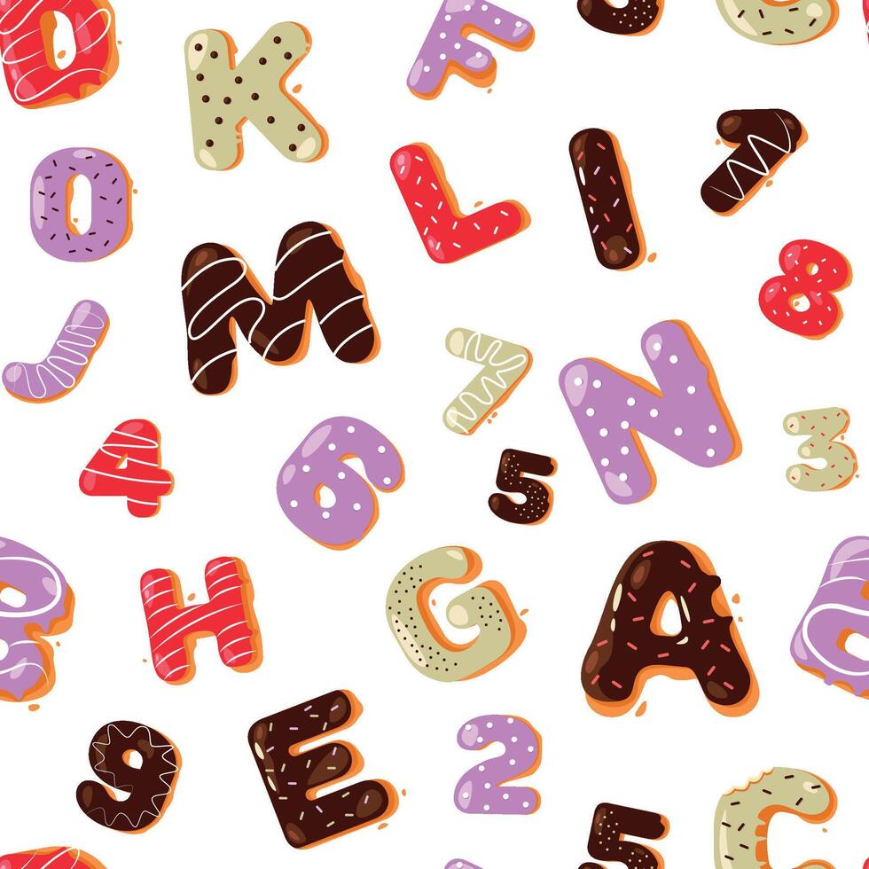 Donut type pattern. Seamless print of colorful biscuit cake alphabet ...