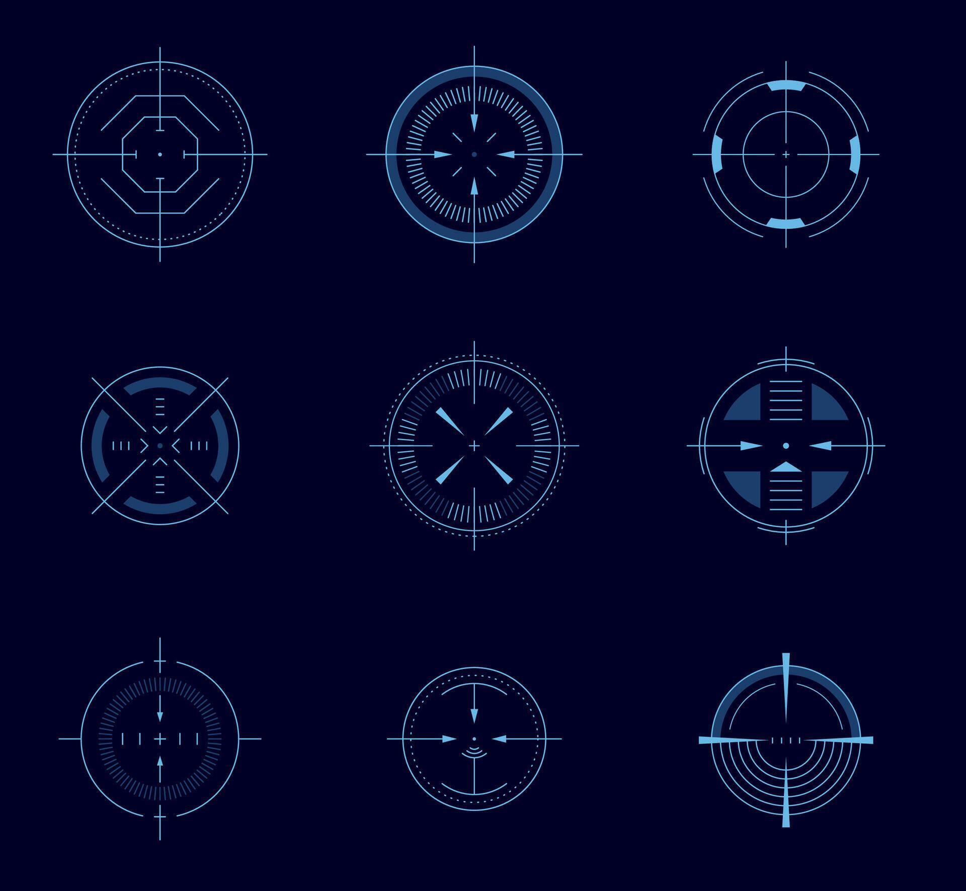 Futuristic aim pointer. Circle HUD user interface element, weapon collimator round aim, digital ...