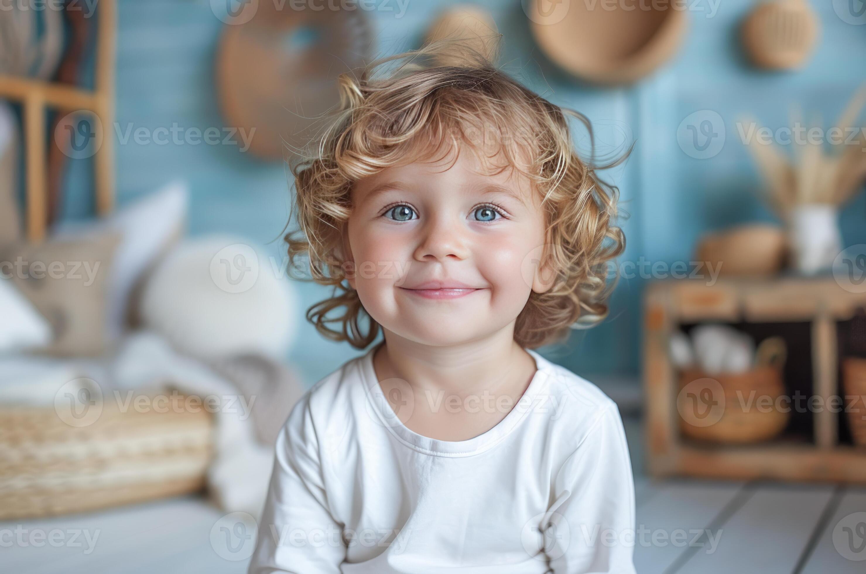 AI generated Smiling Toddler With Curly Hair Posing for a Portrait Against a Blue Background ...