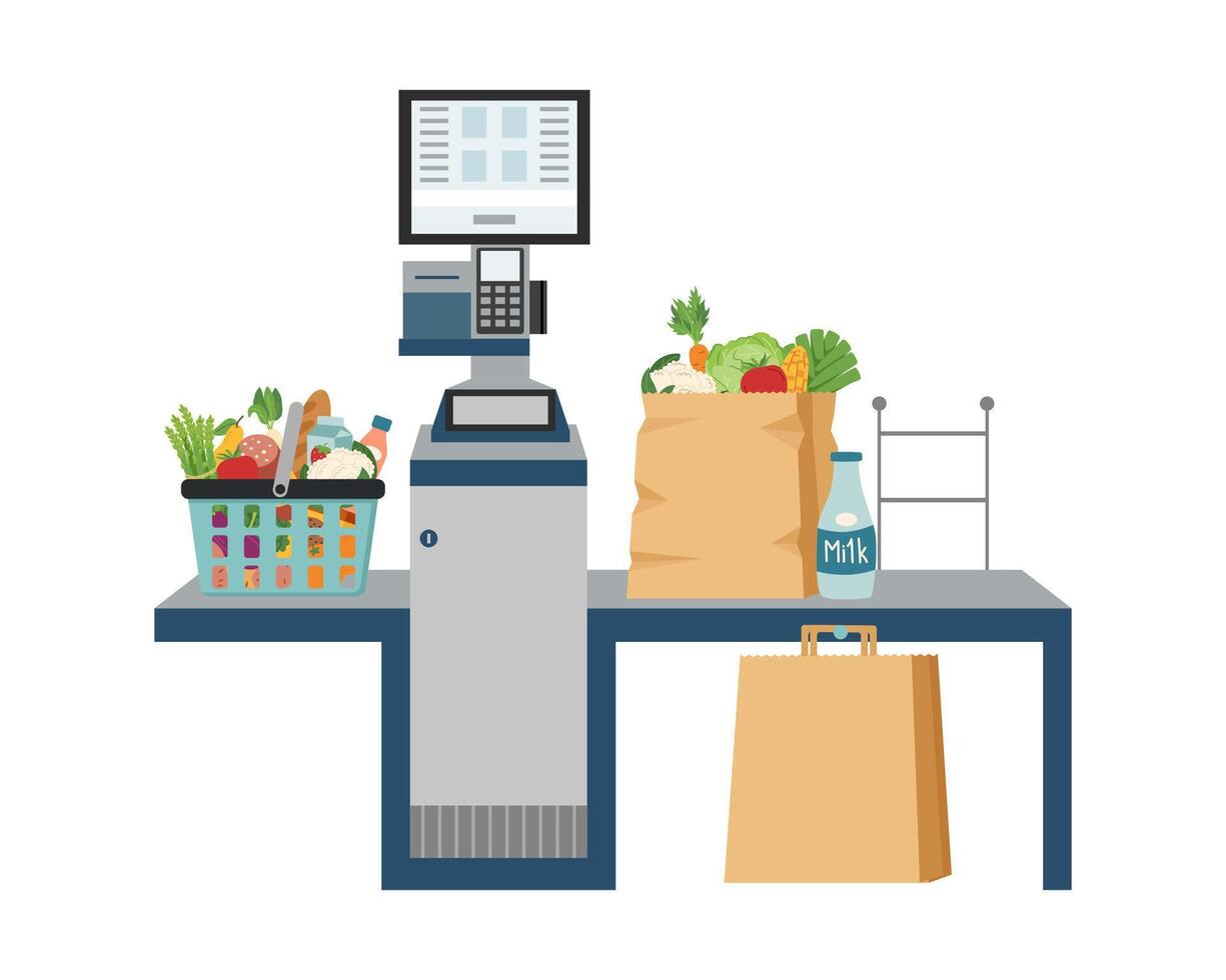 Self Service Checkout With Shopping Bag Full Of Food And Shopping Basket In The Supermarket