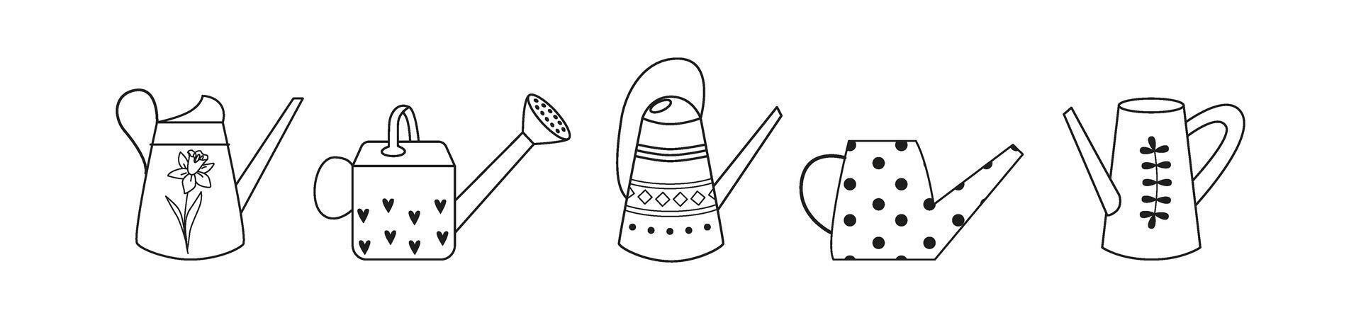 Set of linear watering cans. Gardening, irrigation, farming. Line art ...