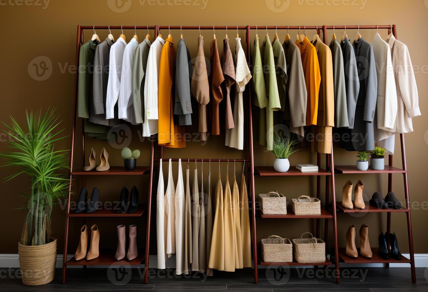 AI generated Clothing shoes and accessories. Clothes hanging on rack in room 39406551 Stock ...