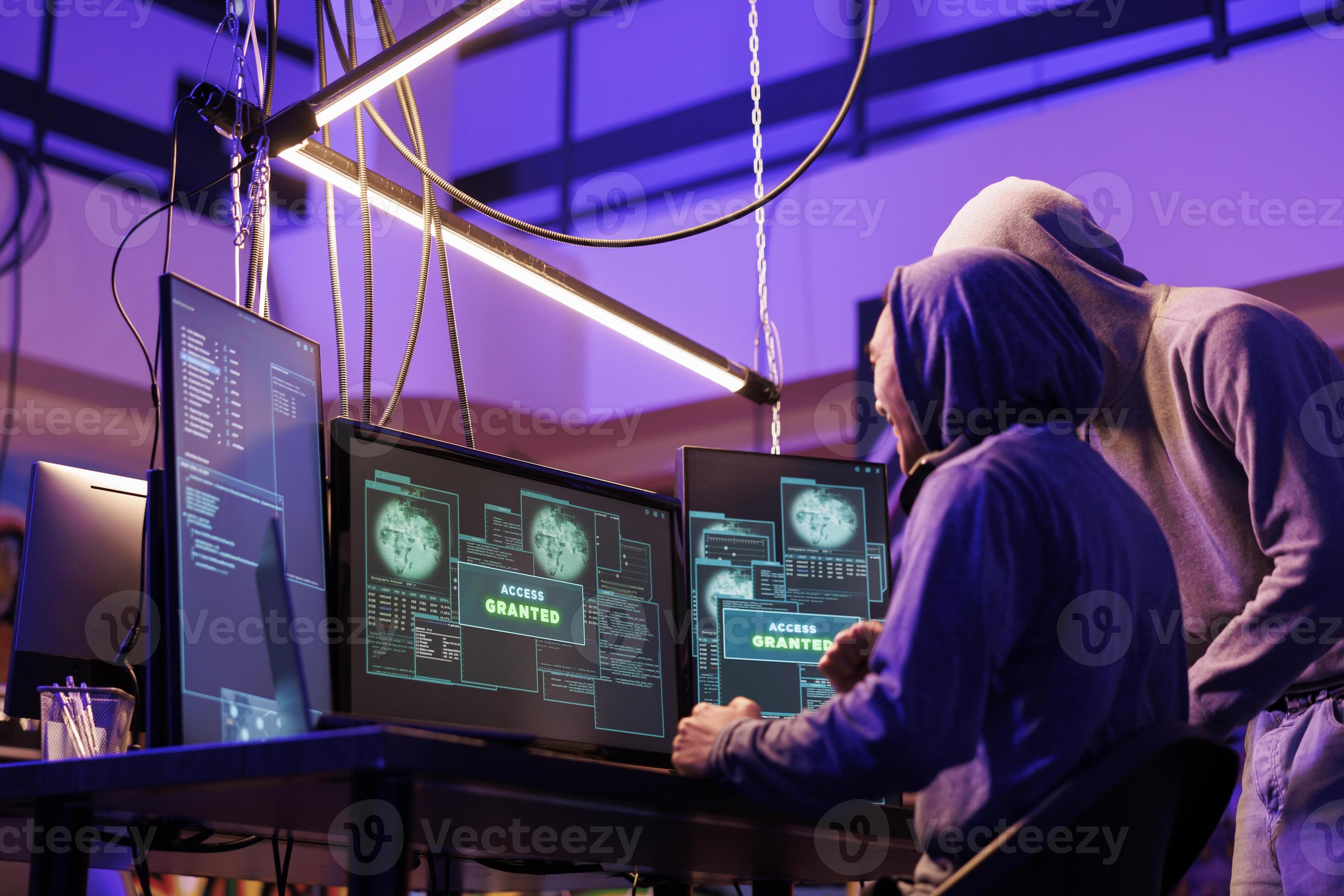 Hackers Getting Access Granted While Breaking Into Online Server On Computer Two Smiling