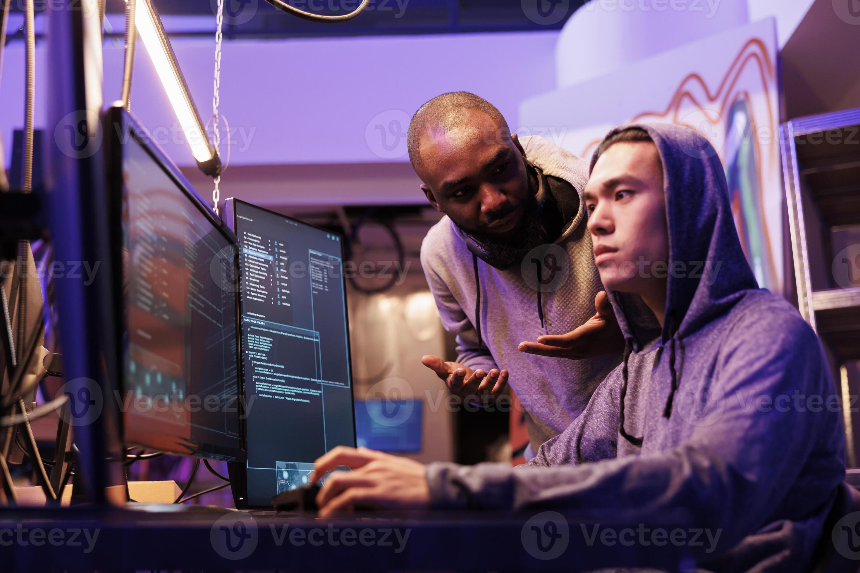 Hackers Discussing Cyberattack While Checking Spying Online And Using