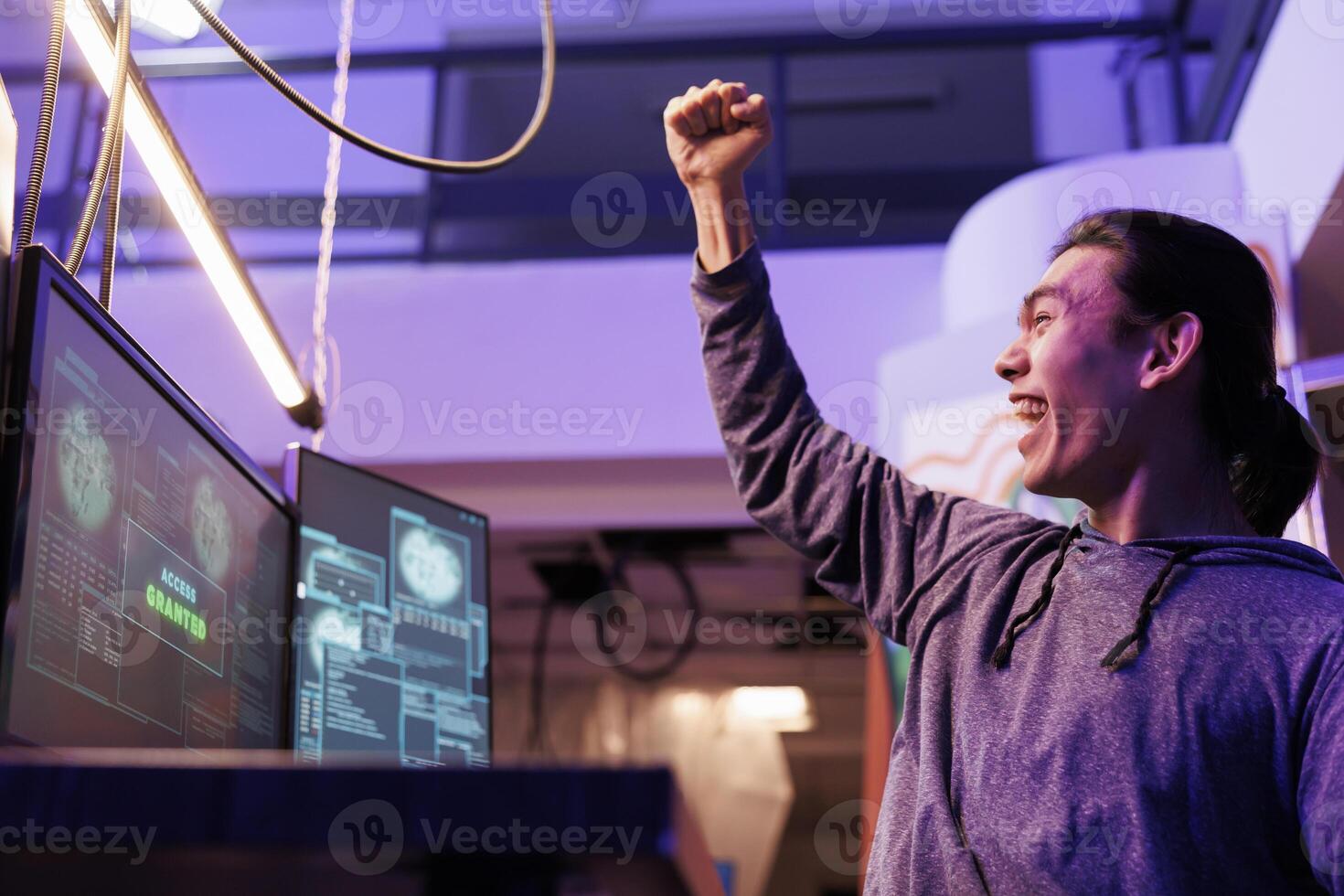Happy hacker making victory gesture after getting server access granted ... Happy hacker making victory gesture after getting server access granted ...