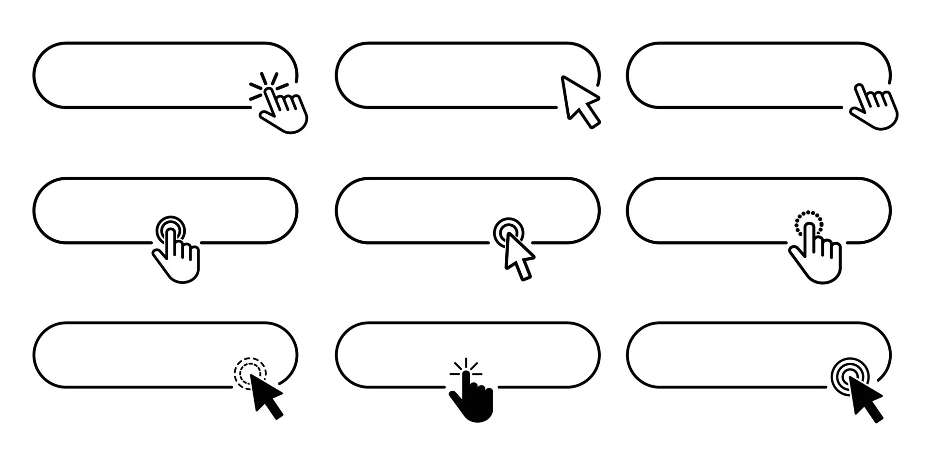 Web Click Here Button Set With Pointer Clicking Vector Illustration
