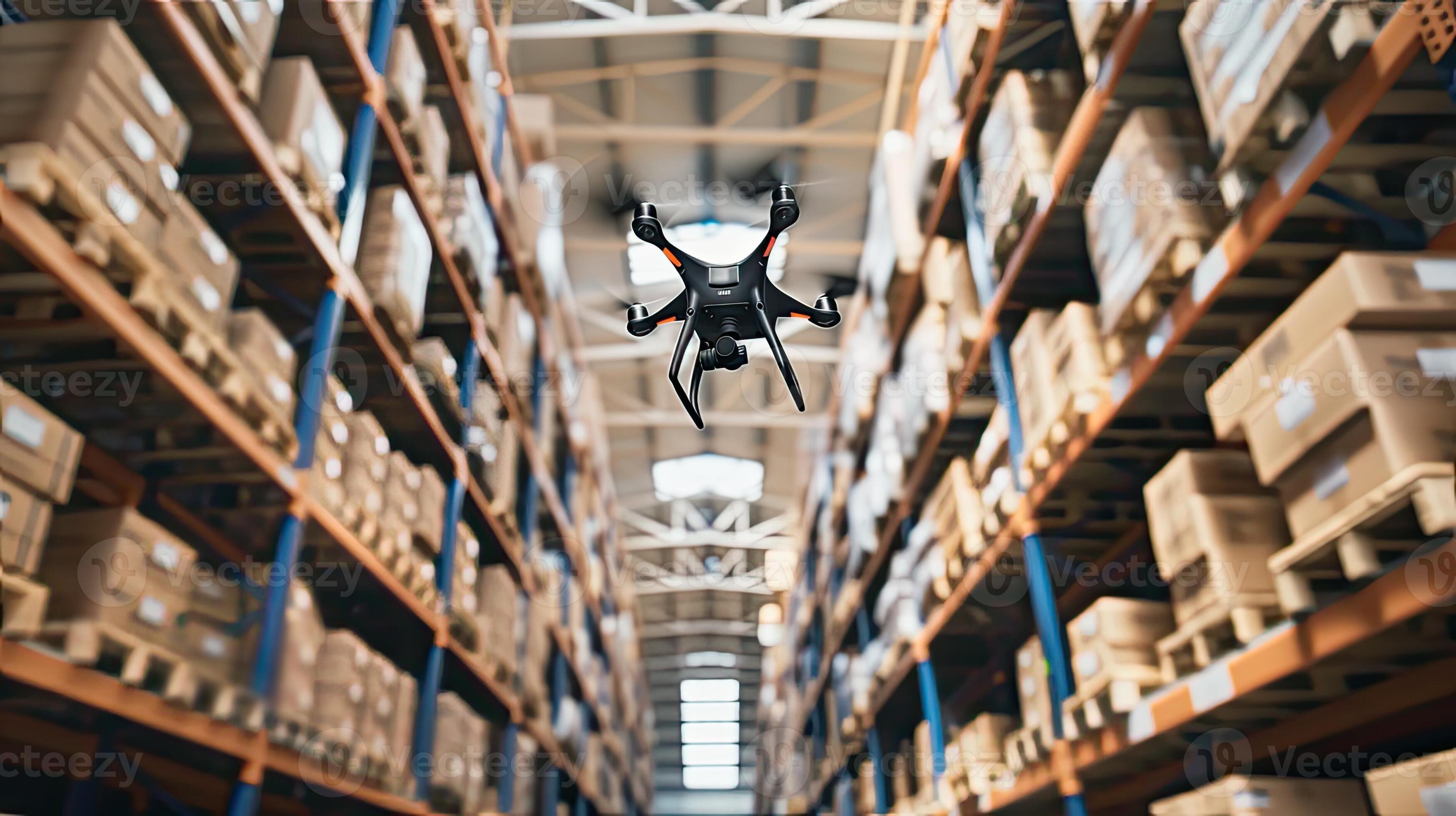 AI generated drones hovering over aisles in a warehouse, diligently scanning barcodes for ...