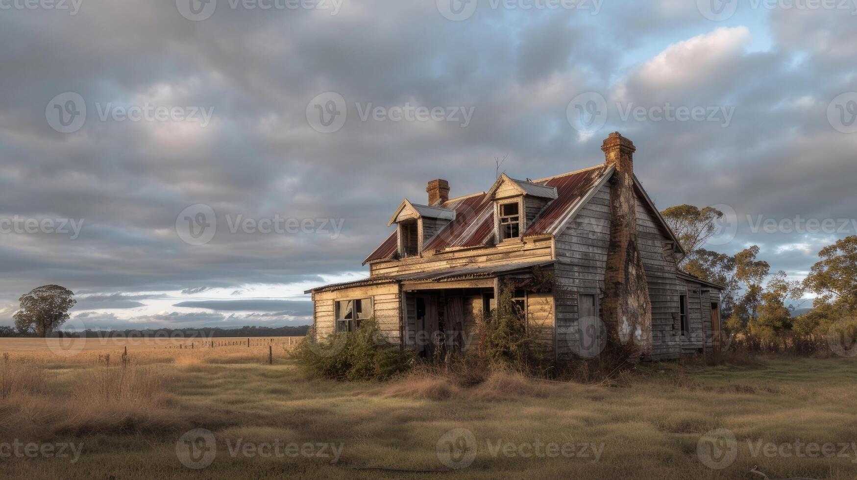 AI generated an old dilapidated house, weathered by time and neglect, in a realistic photograph ...