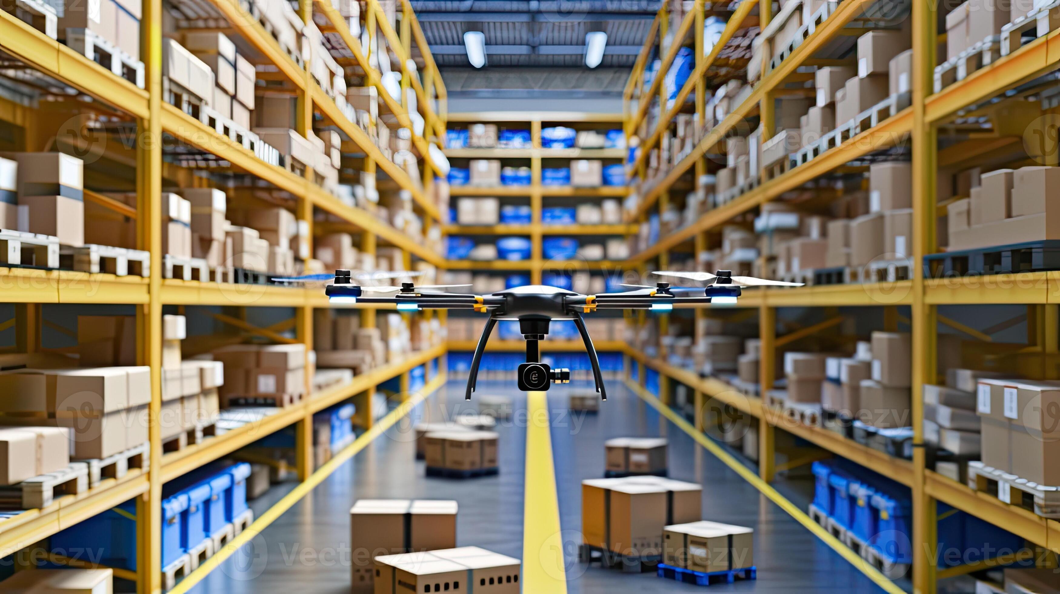 AI generated drones hovering over aisles in a warehouse, diligently ... AI generated drones hovering over aisles in a warehouse, diligently ...