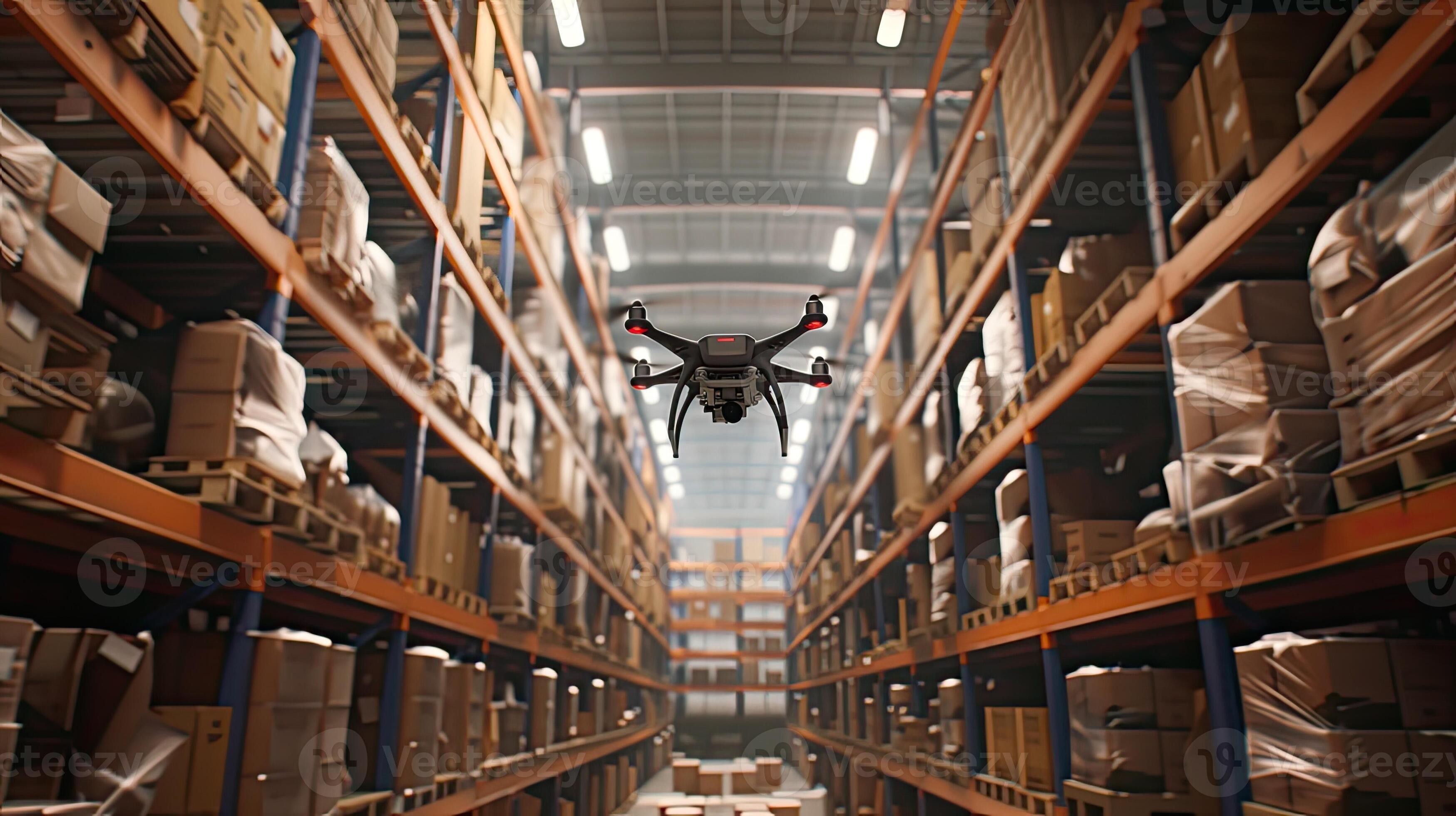 AI generated drones hovering over aisles in a warehouse, diligently ... AI generated drones hovering over aisles in a warehouse, diligently ...