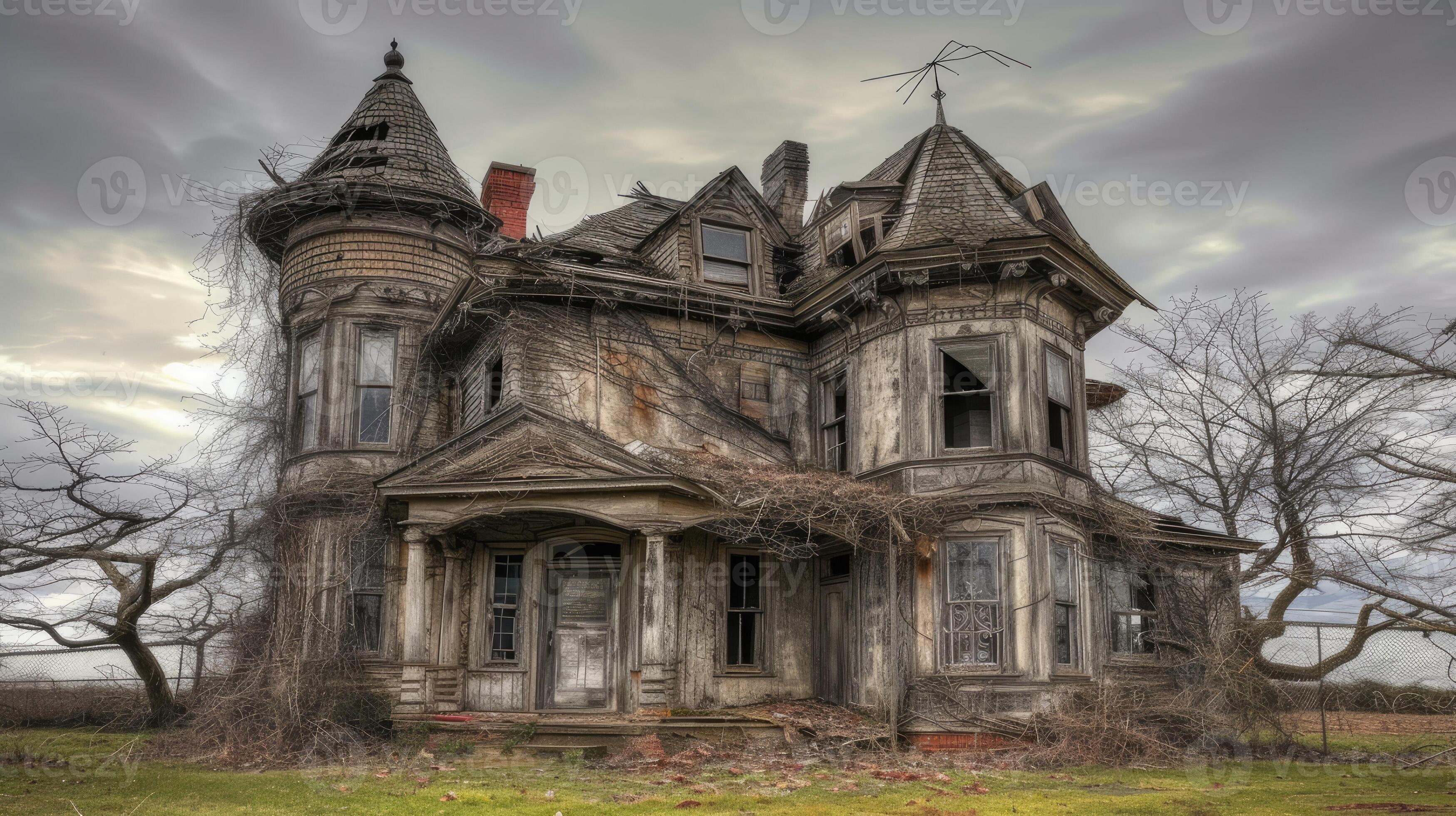 AI generated an old dilapidated house, weathered by time and neglect, in a realistic photograph ...