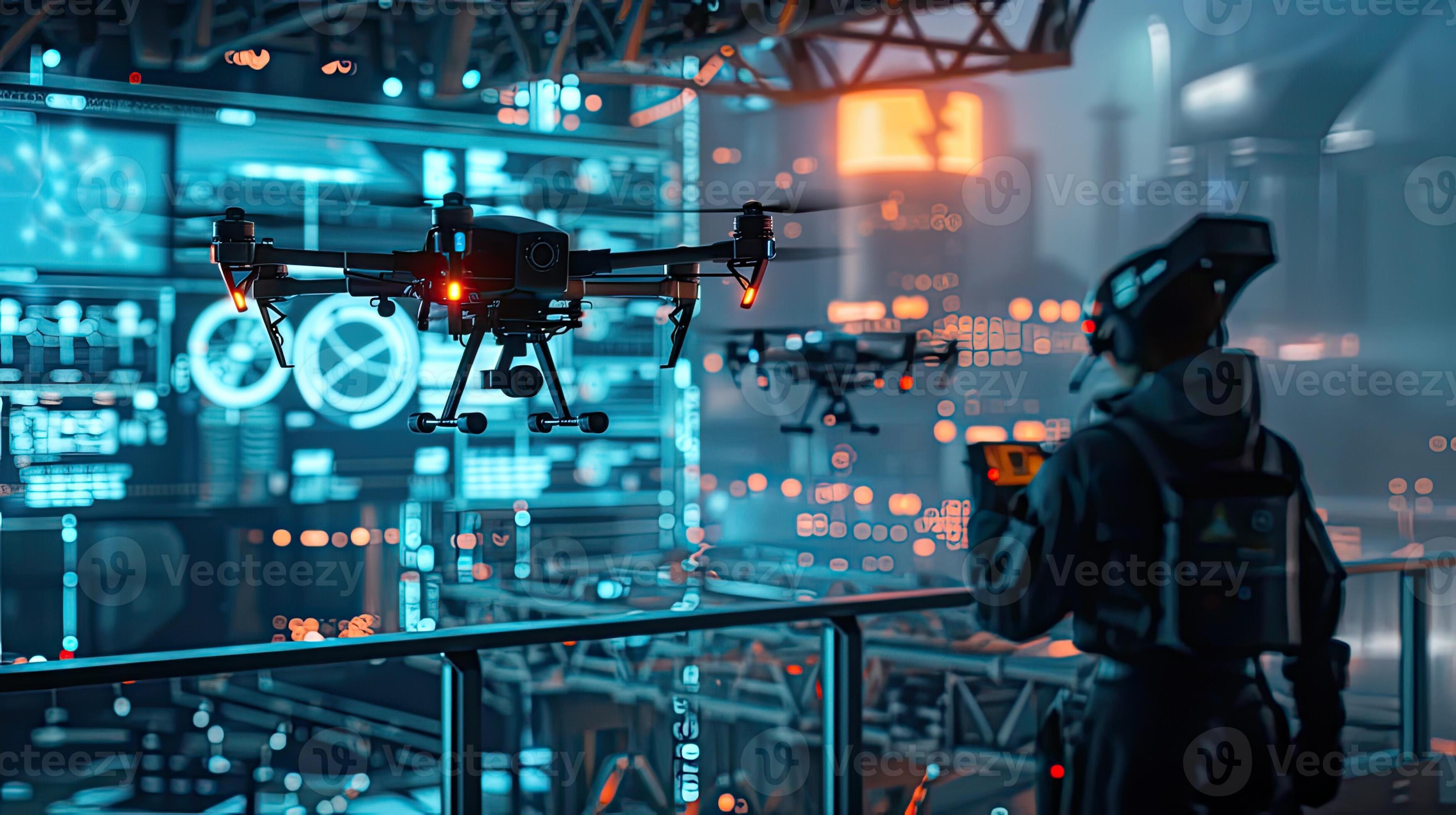 Ai Generated A Cutting Edge Cyber Security System In Action With Drones Patrolling The