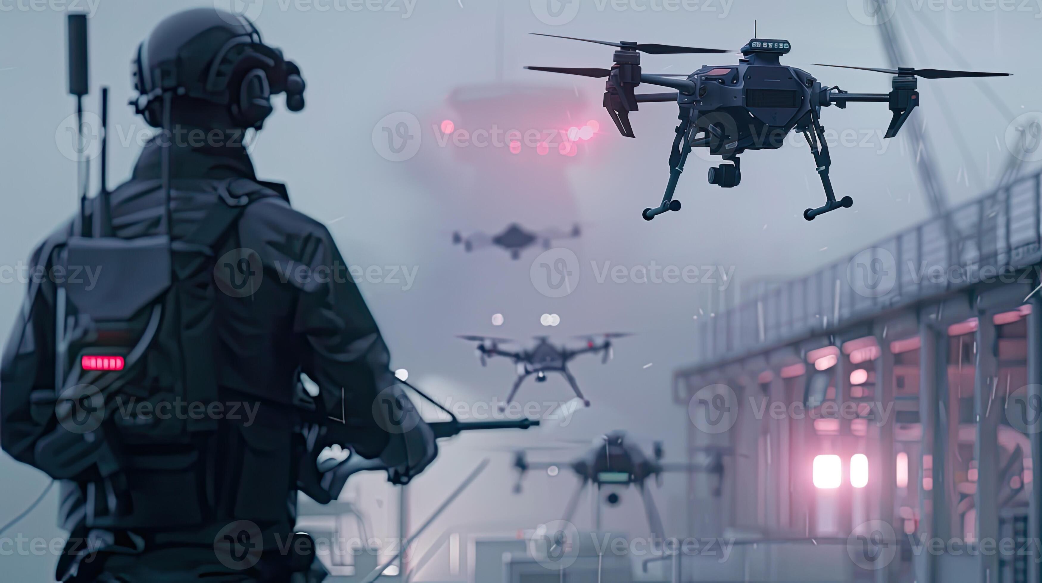 Ai Generated A Cutting Edge Cyber Security System In Action With Drones Patrolling The