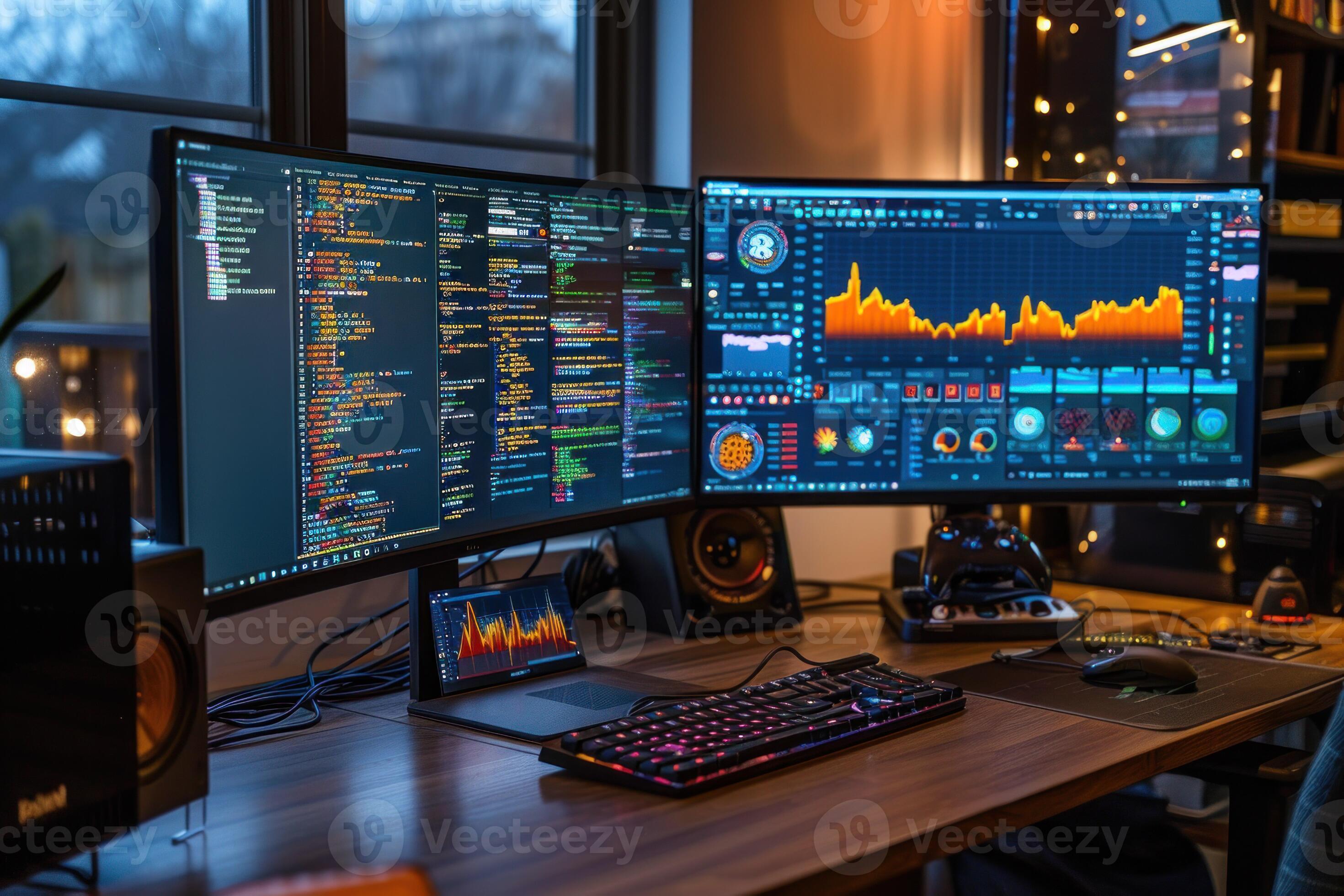 AI generated Multiscreen Computer Setup with Code and Analytics. An ...