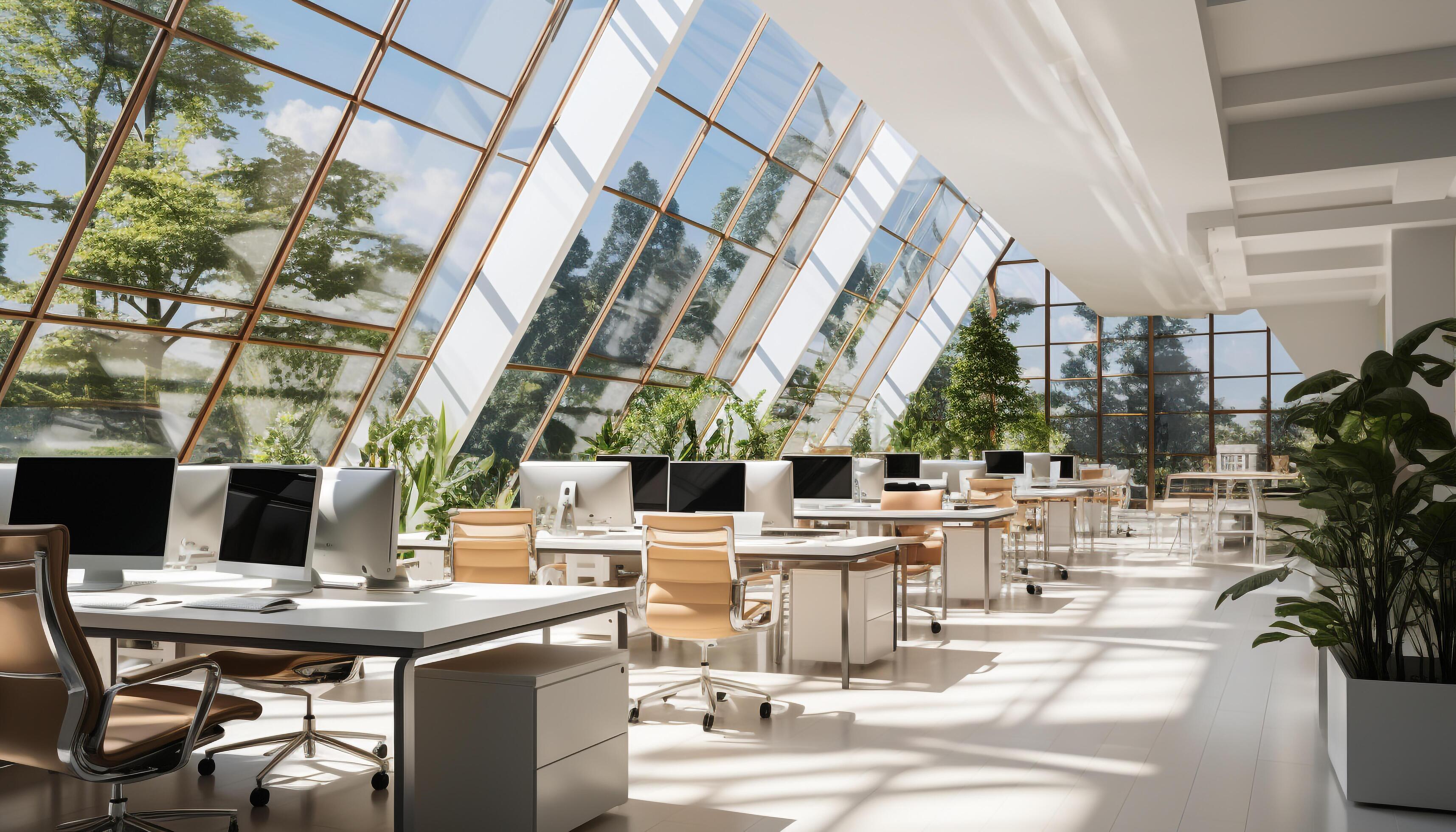 AI generated Modern office with bright window, empty desk, and computer ...