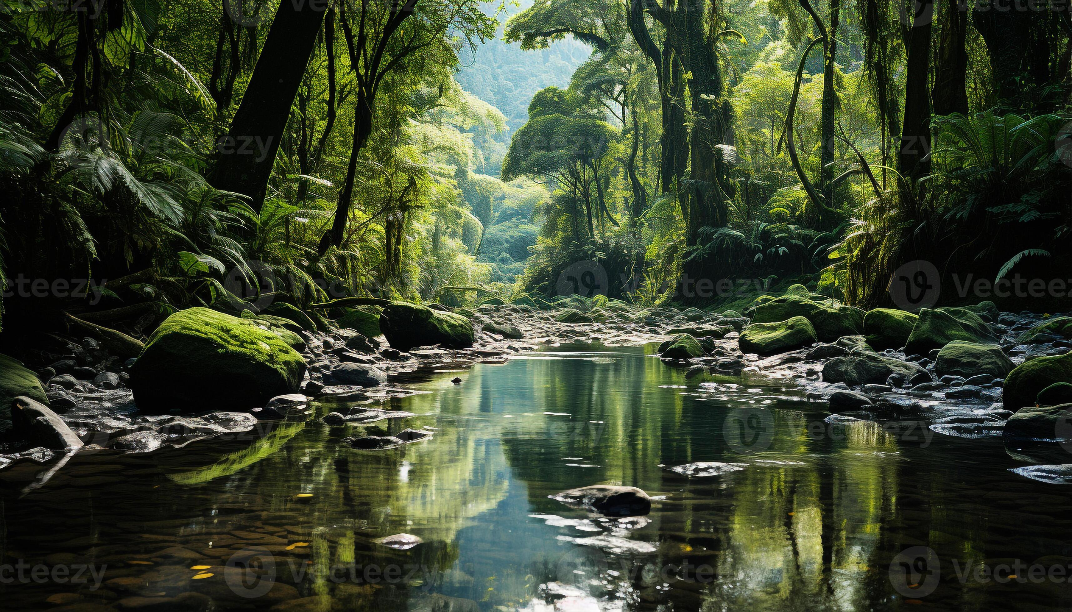 ai generado tranquilo escena de un tropical selva, lozano con verde ...