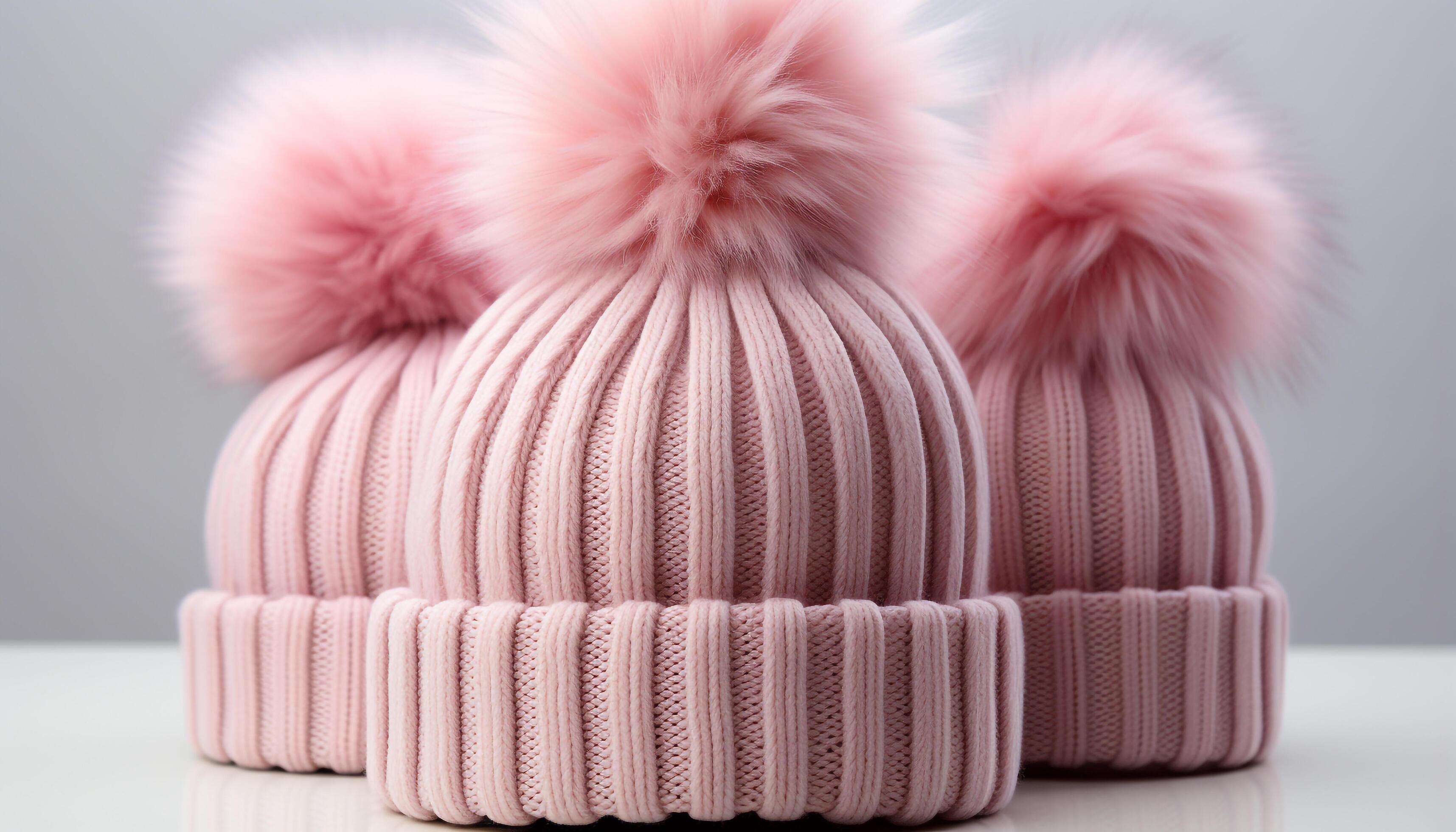AI generated Soft pink wool cap with fluffy pom pom, perfect for winter generated by AI 39585636 ...