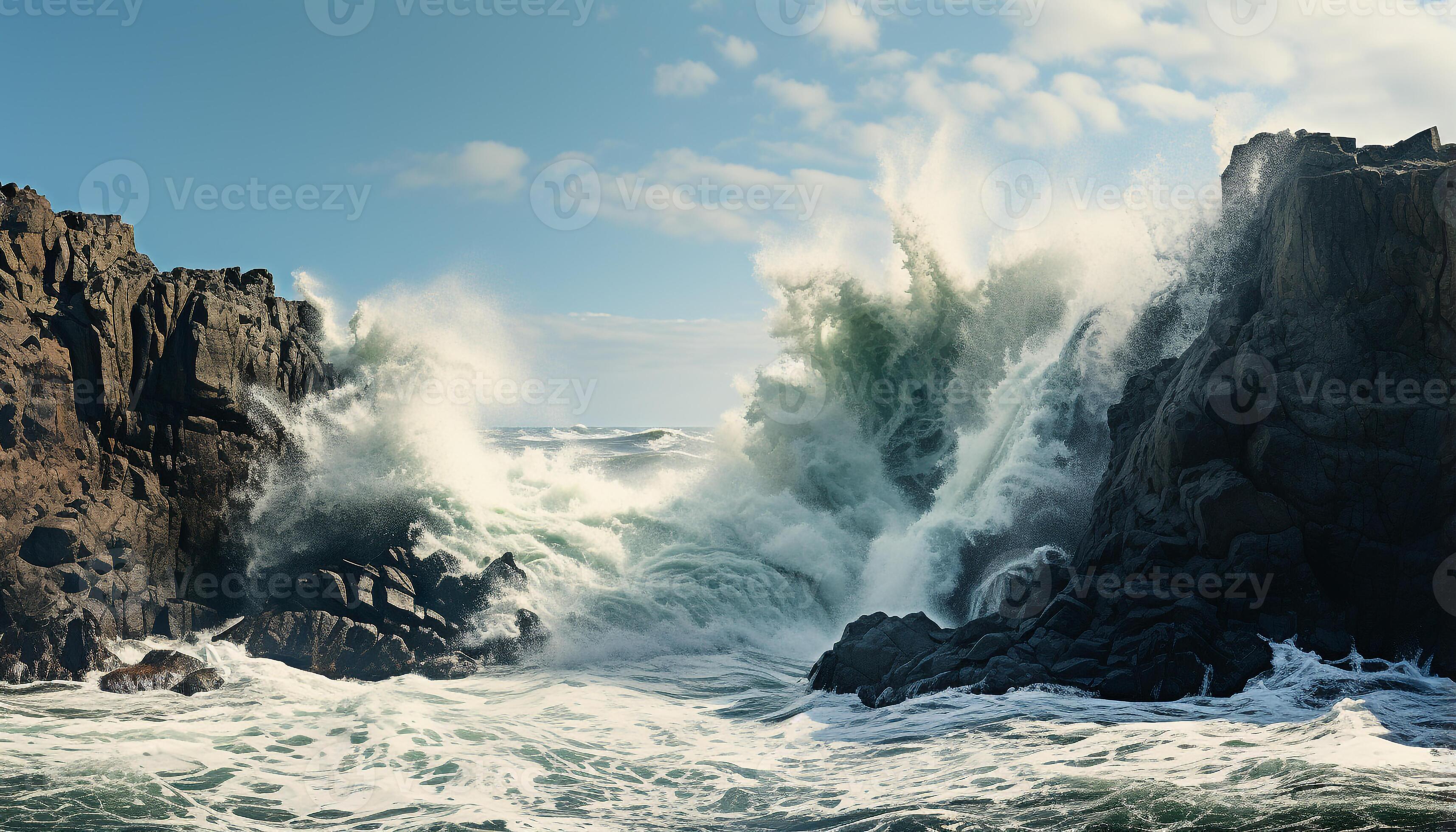 AI generated The rough wave crashes against the cliff, splashing blue ...