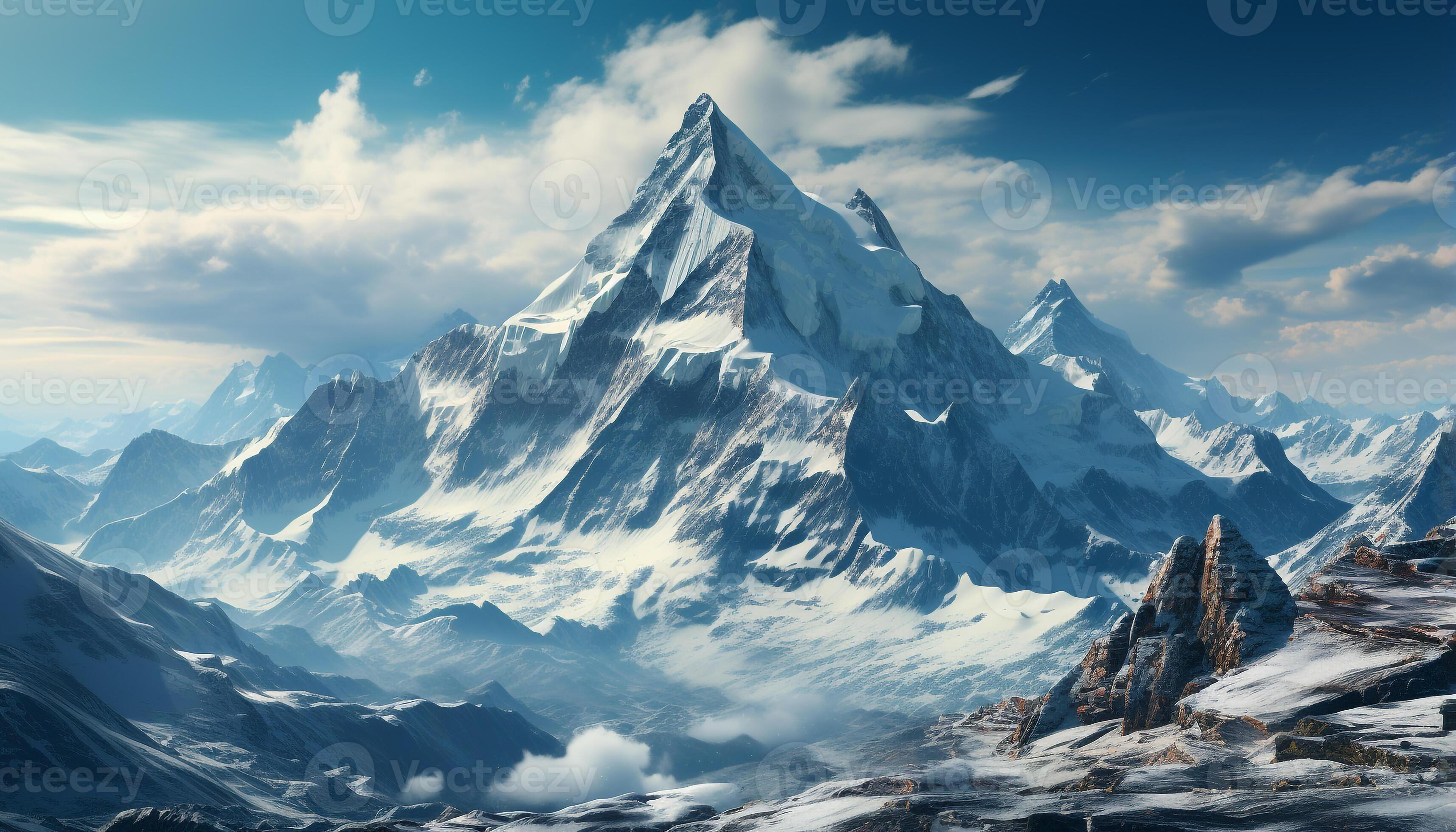 AI generated Majestic mountain peak, snow capped and breathtaking, an ...