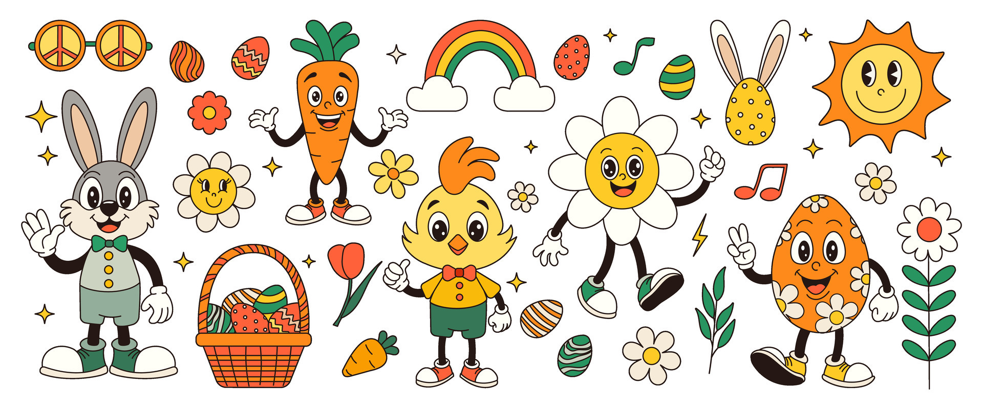 Groovy Easter set with bunny, chicken, egg, daisy, flower. Vector retro ...