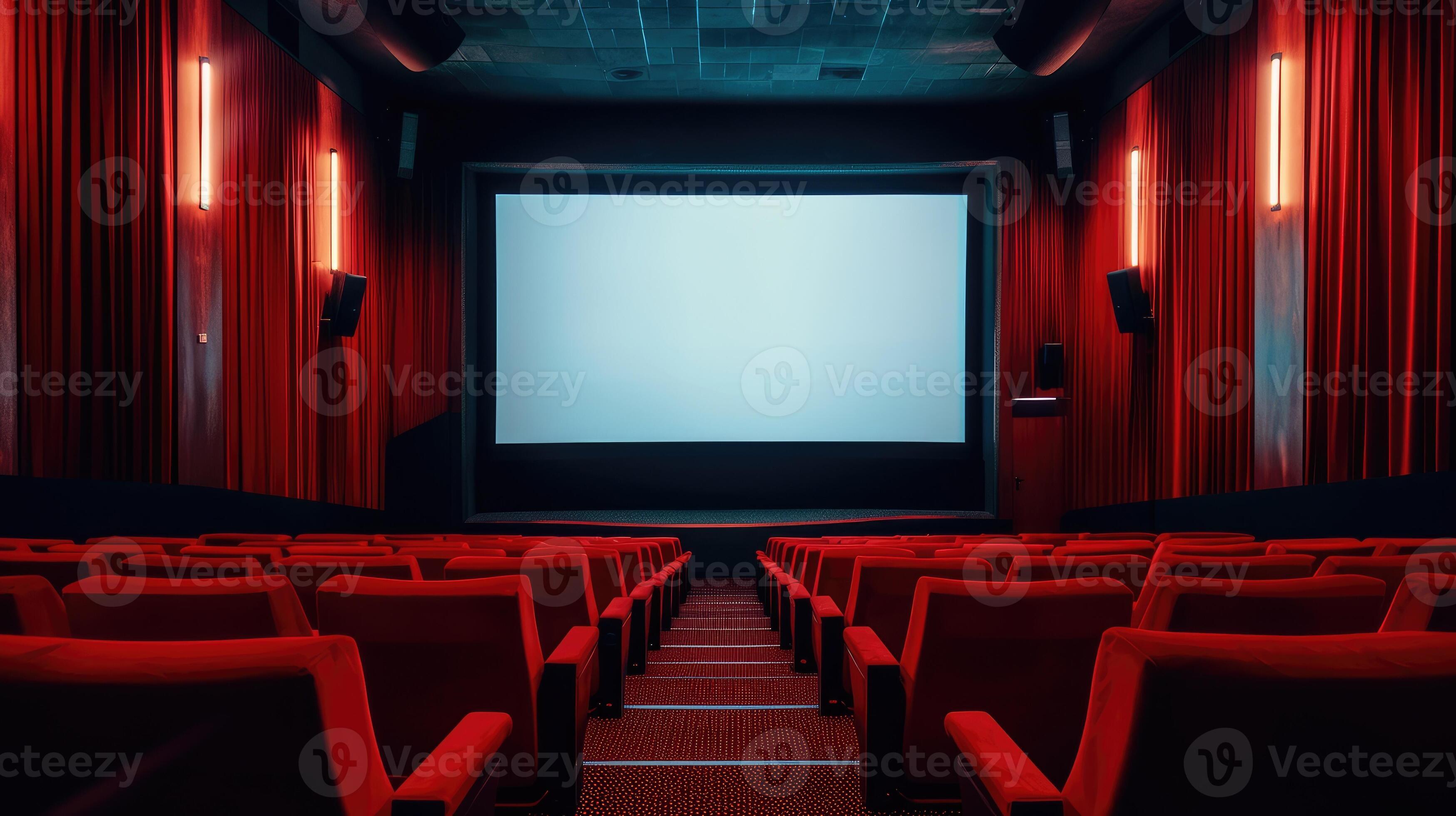 AI generated The empty cinema hall features a striking red color scheme and a white blank screen ...
