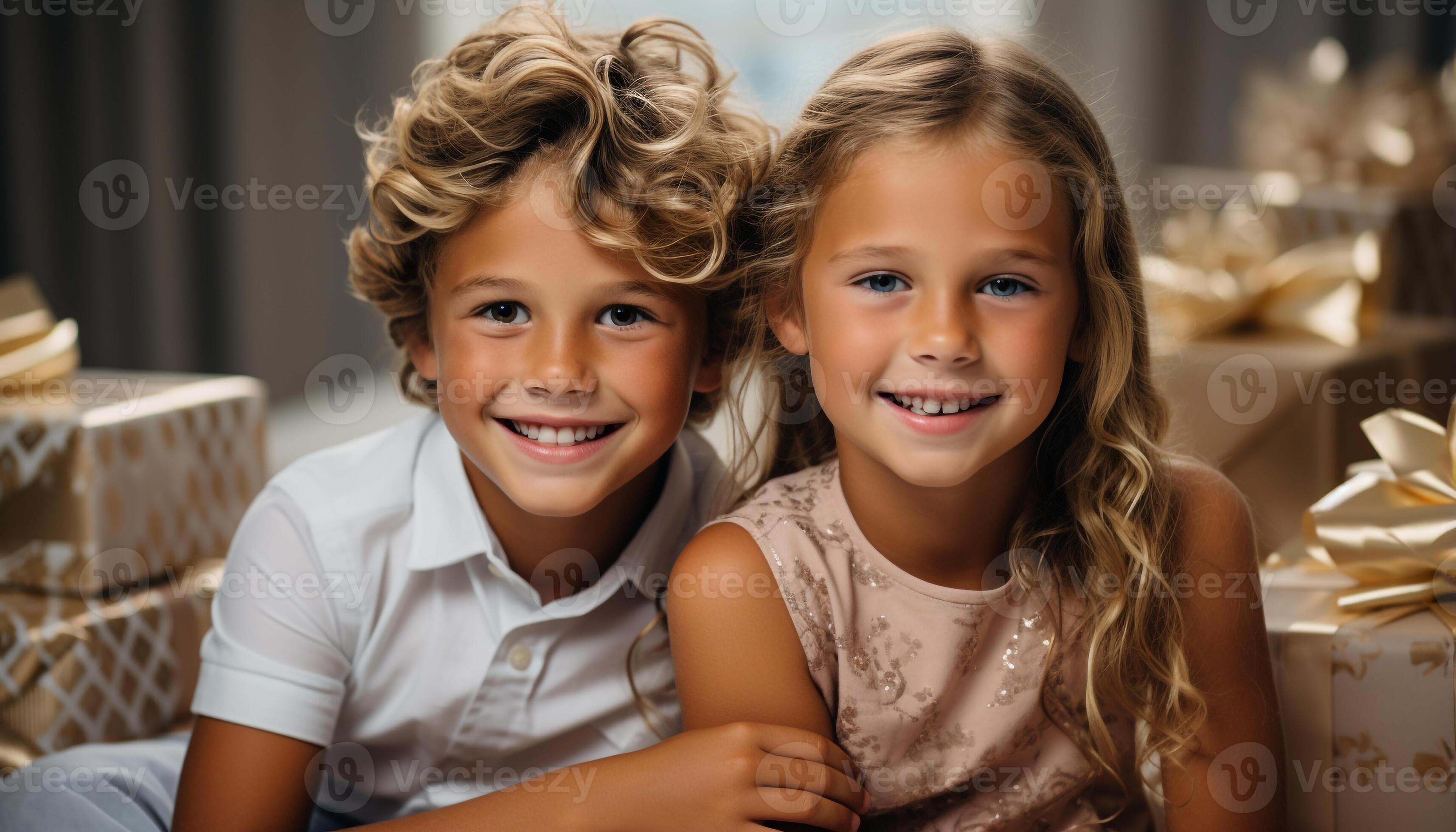 AI generated Smiling girls and boys, cute siblings, cheerful family ...