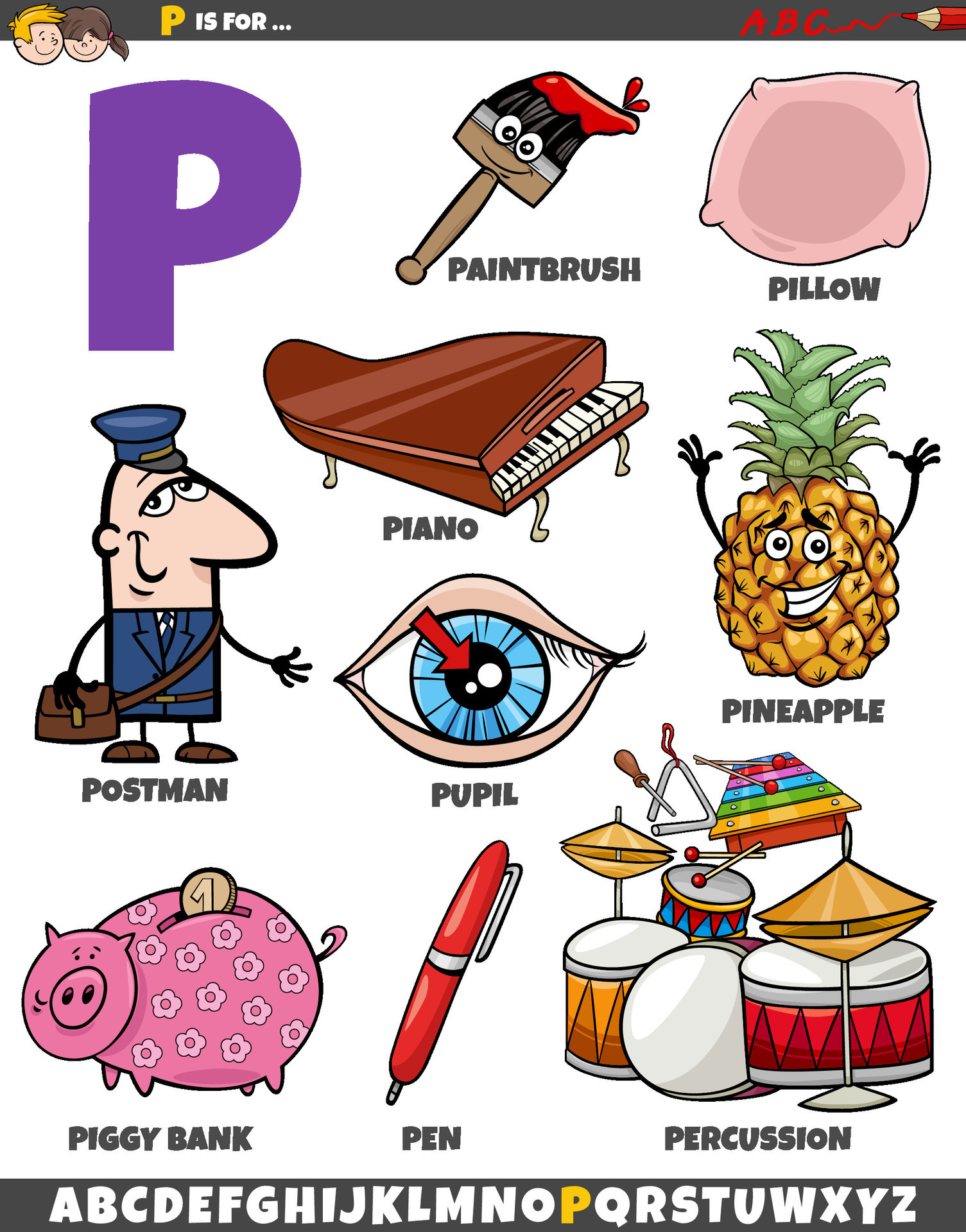 Letter P set with cartoon objects and characters 39610603 Vector Art at ...