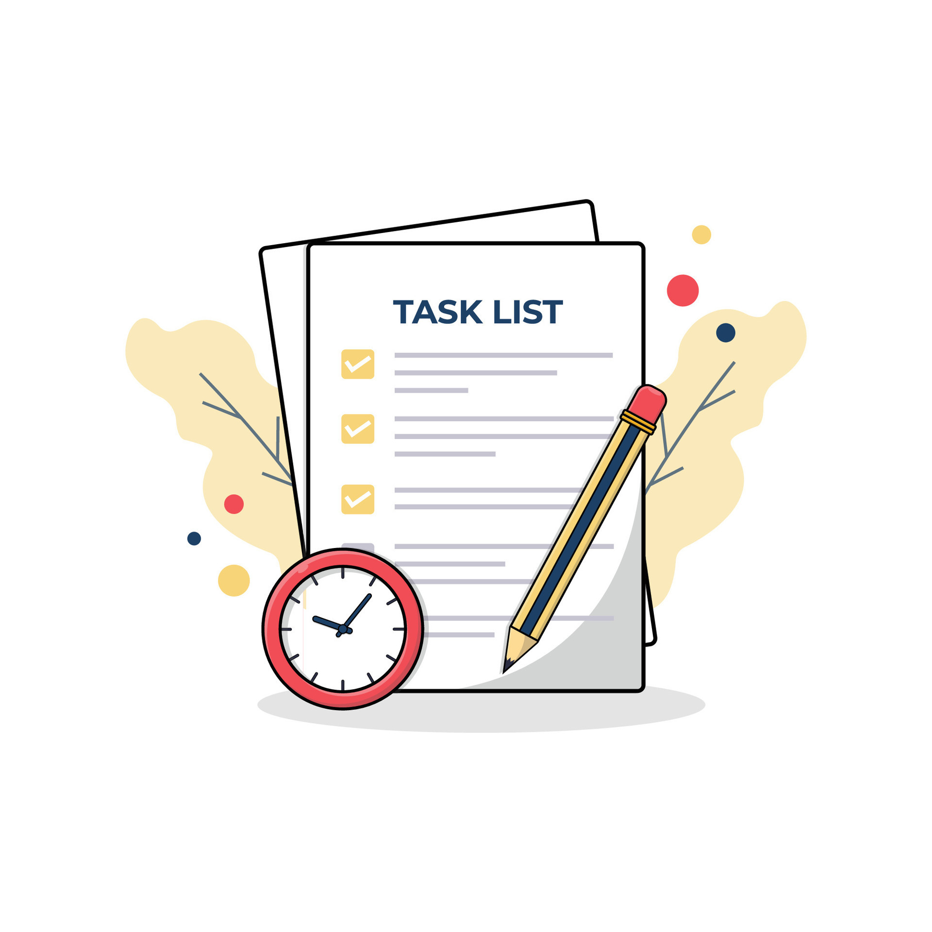 Task List with Clock and Pencil Vector Illustration. Work Process ...