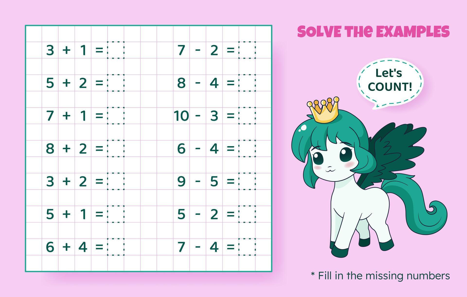 Solve the examples. Addition and subtraction up to 10. Mathematical ...