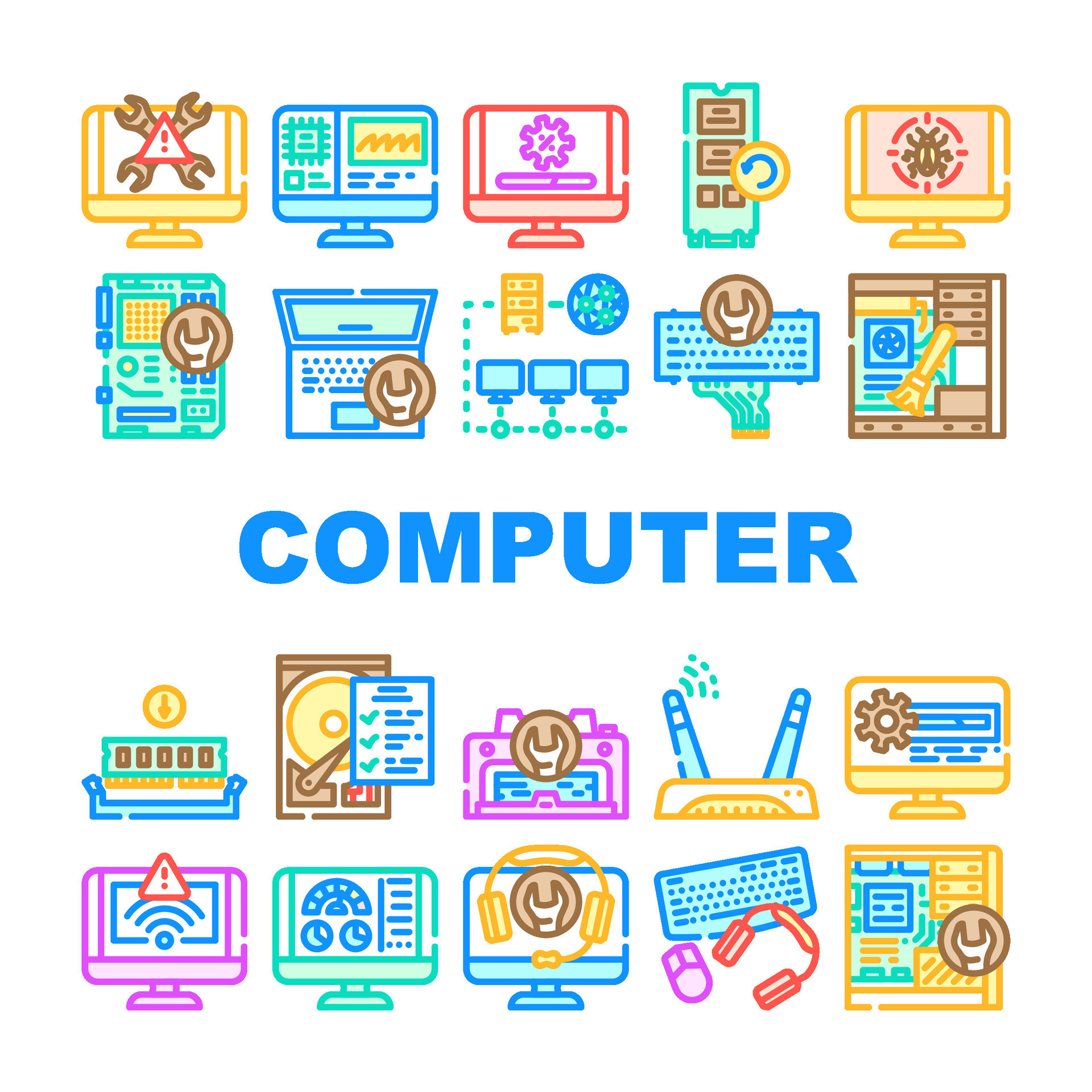 computer repair technician pc icons set vector 39618001 Vector Art at ...