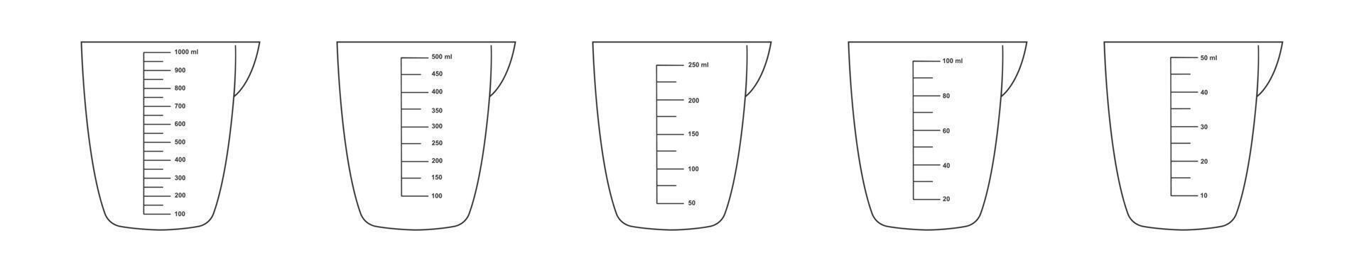 Set of measuring cups with 1 liter, 500, 250, 100 and 50 ml fluid volume scale. Liquid ...