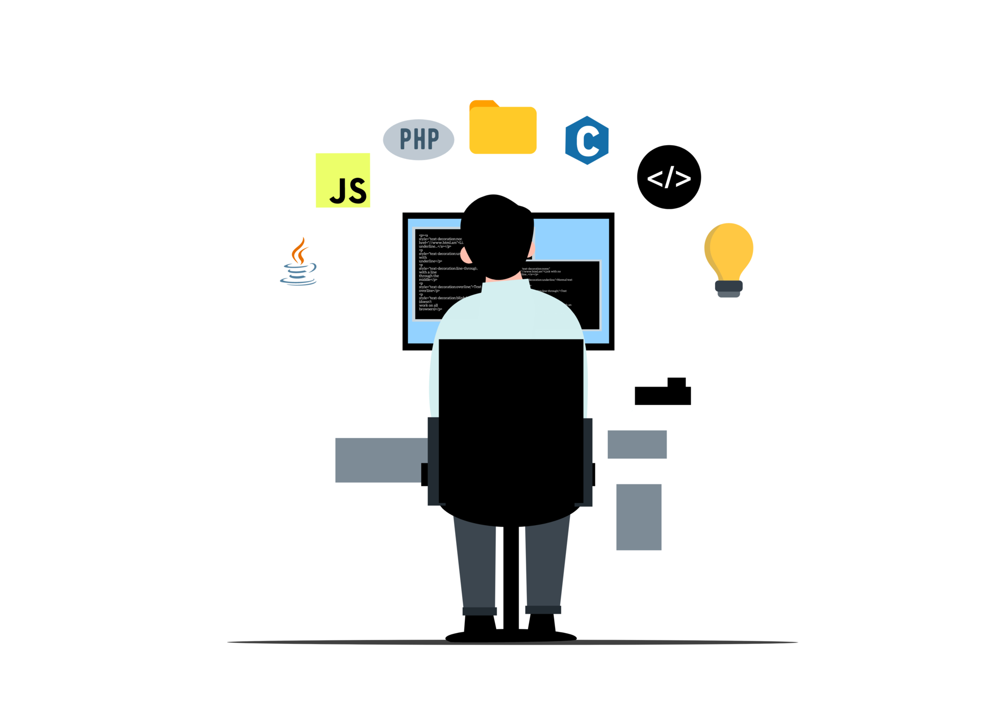 a programmer sitting at a desk with a computer and icons around him ...