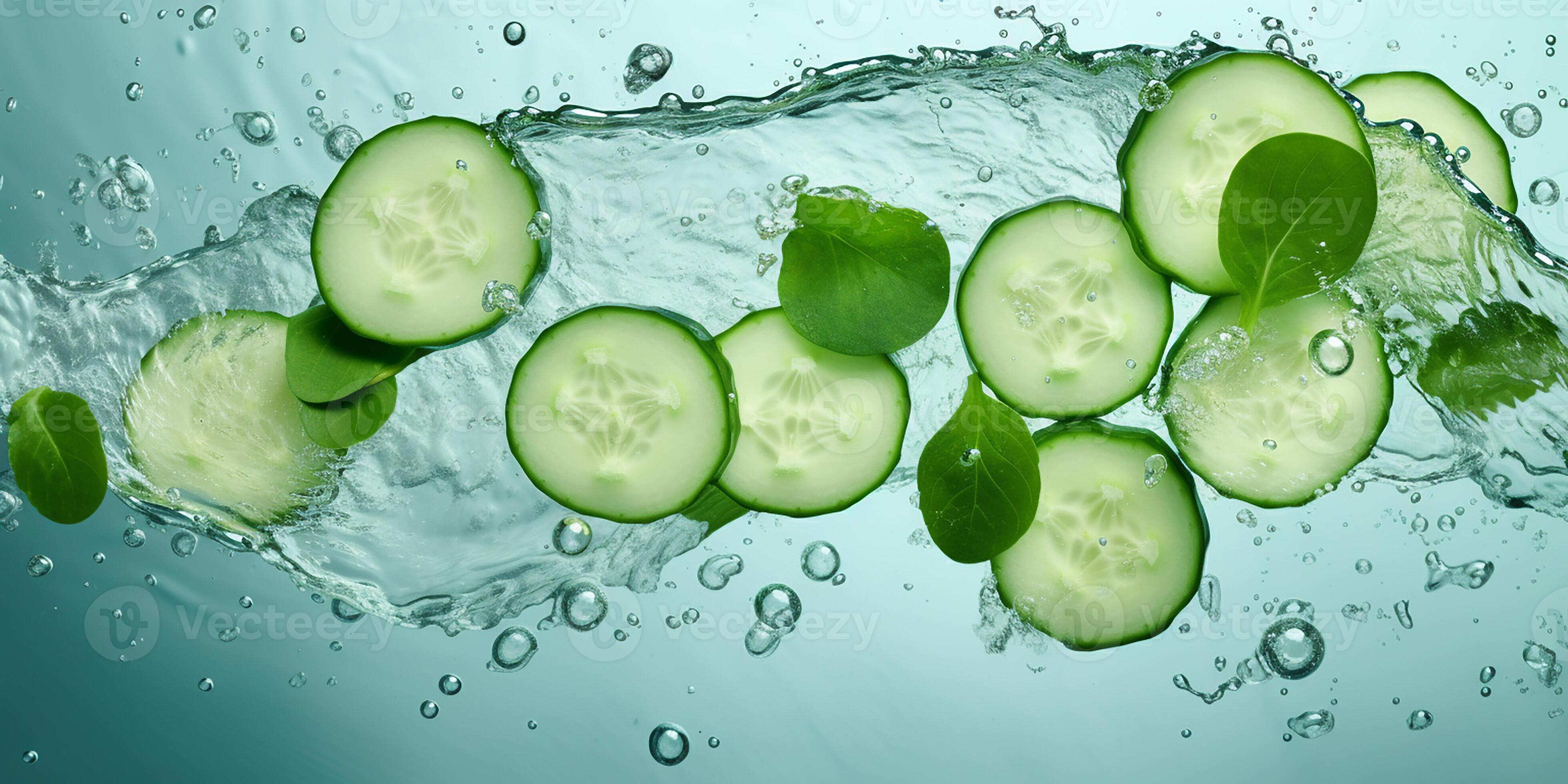 AI generated Sliced cucumbers with mint leaves float in water. Freshness 39638692 Stock Photo at ...