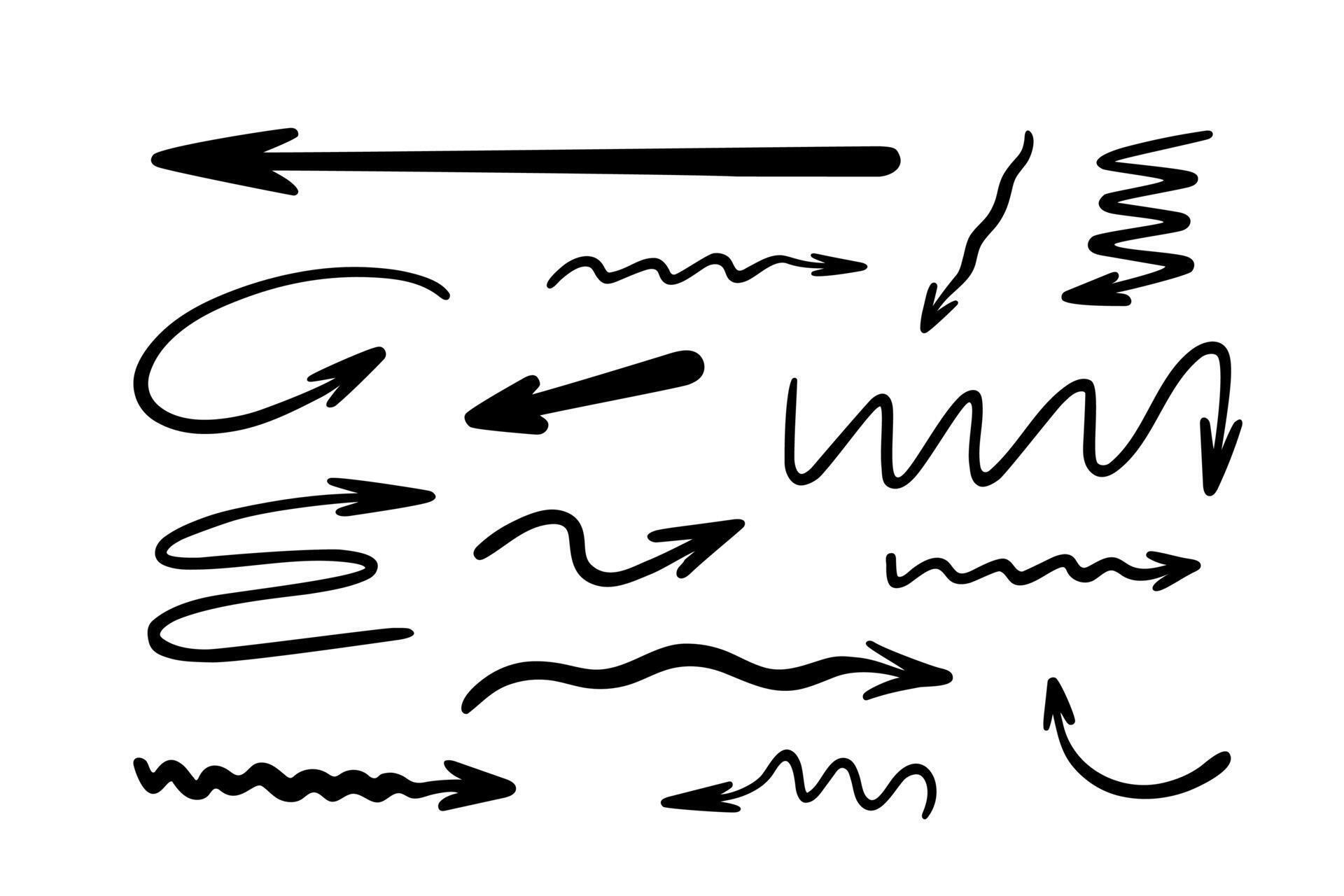 Arrows Set Simple Hand Drawn Vector Illustration Free Form Curved Straight Signs Pointing
