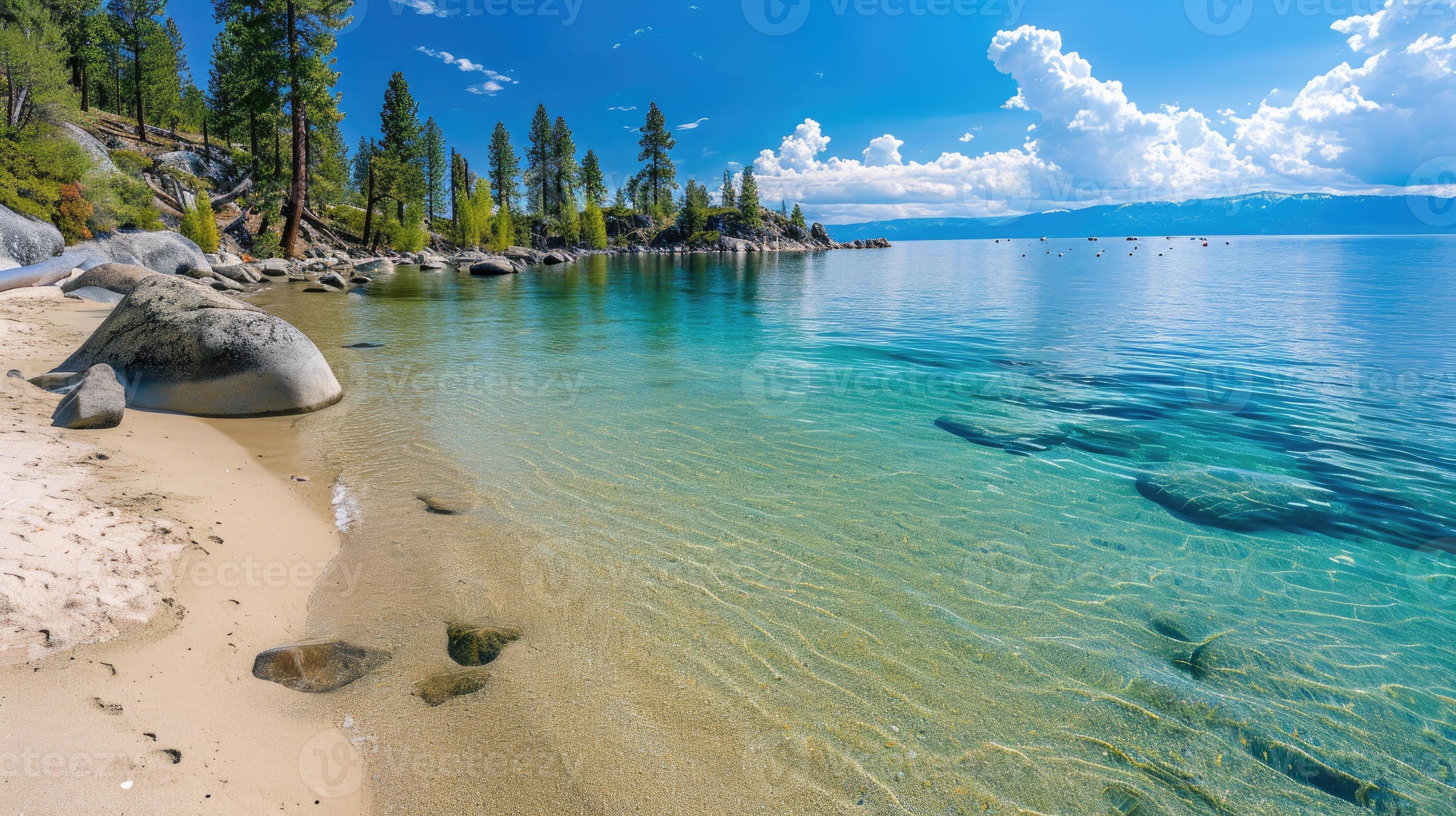 Ai Generated East Shore Beach Lake Tahoe Calm Turquoise Waters Under The Sunny Sky Idyllic Ai