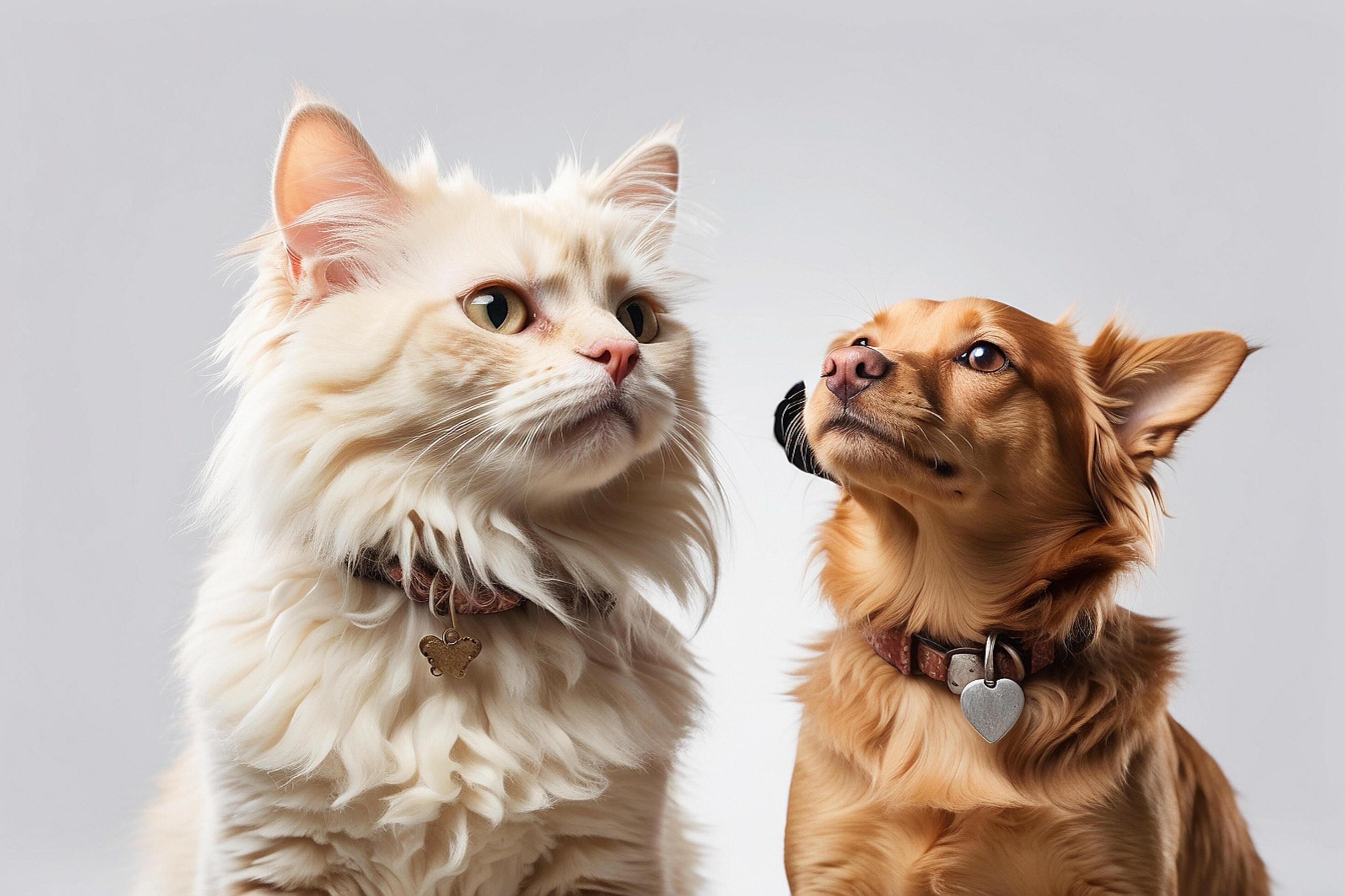 AI generated Banner with a cat and a dog looking up, isolated on white ...