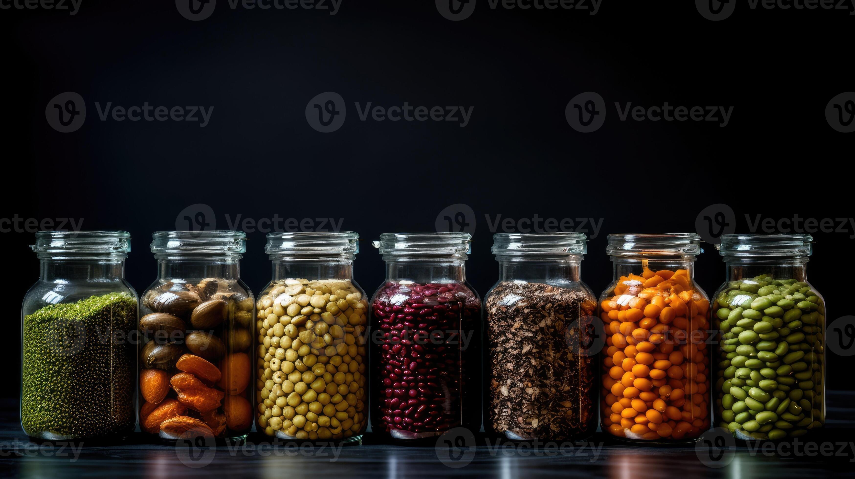 AI generated Organize your pantry with a tidy row of glass jars filled with assorted legumes and ...