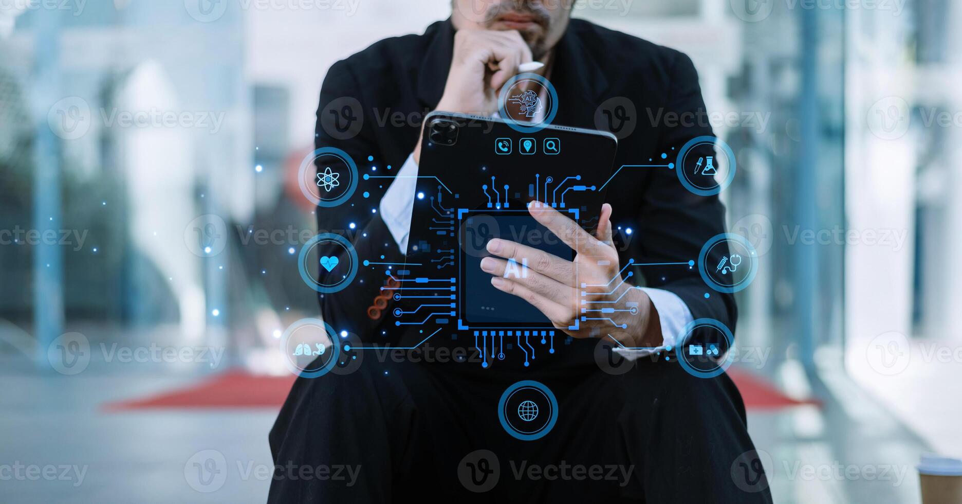 Man using chatbot in computer and tablet smart intelligence Ai.Chat with AI Artificial ...