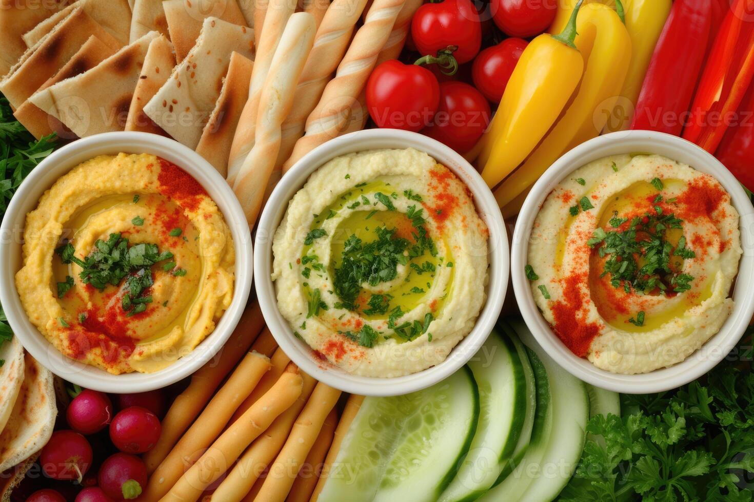 AI generated colourful hummus dips surrounded by various cut vegetables ...
