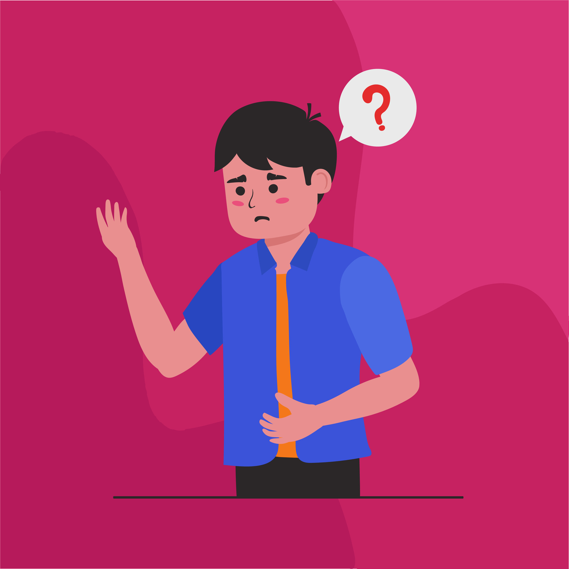 Confused Man is thinking in question marks. Vector image in cartoon flat style appropriate for ...