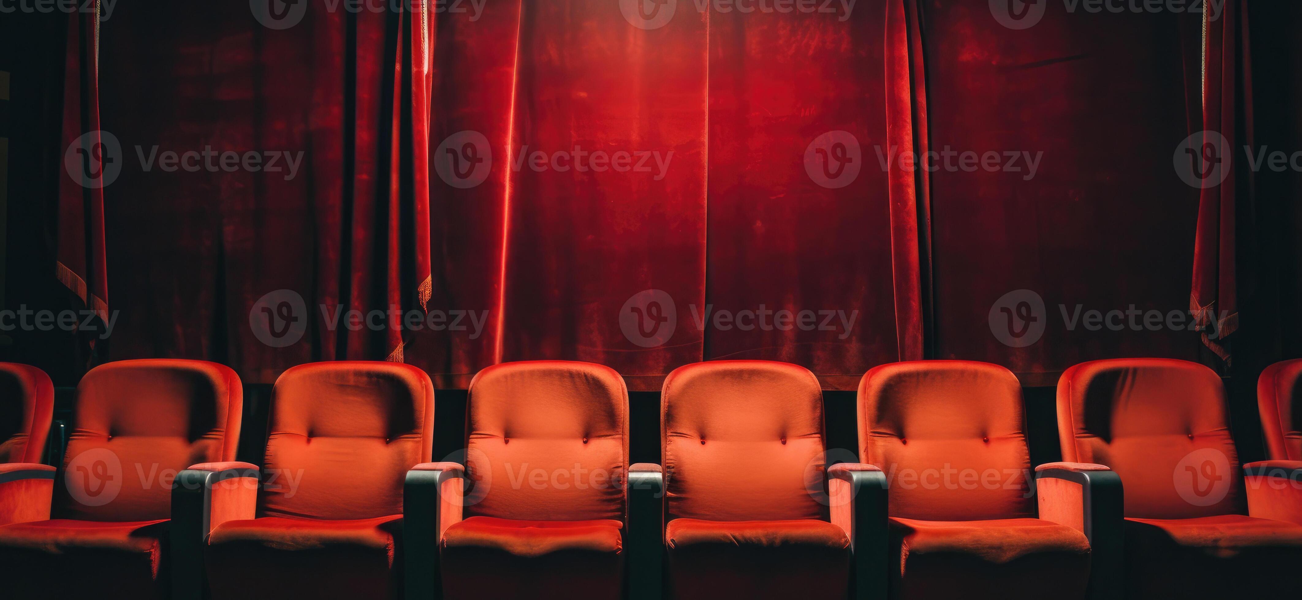 AI Generated Red Empty Velvet Chairs for Concert on Red Curtain Background. Red Cinema Seats in ...